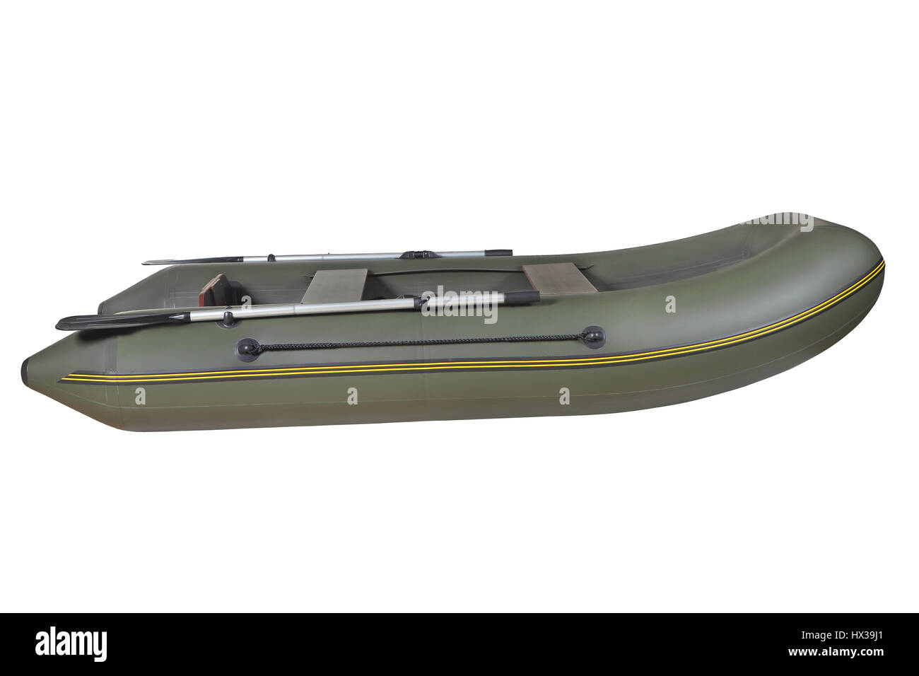 Inflatable rubber rowing boat green color, complete with oars, isolated ...