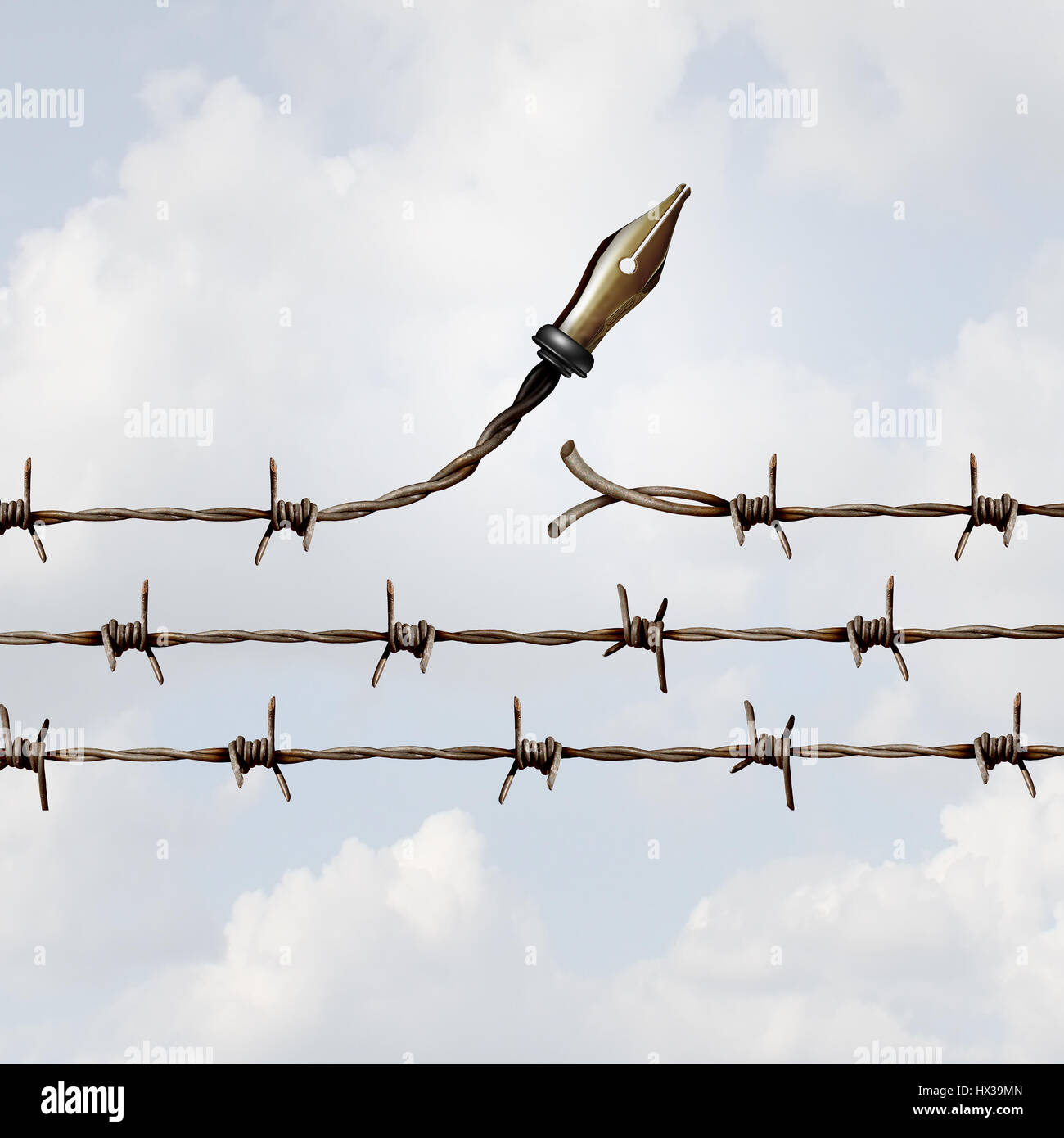 Freedom of expression concept as barbed wire transforming to an ink pen ...