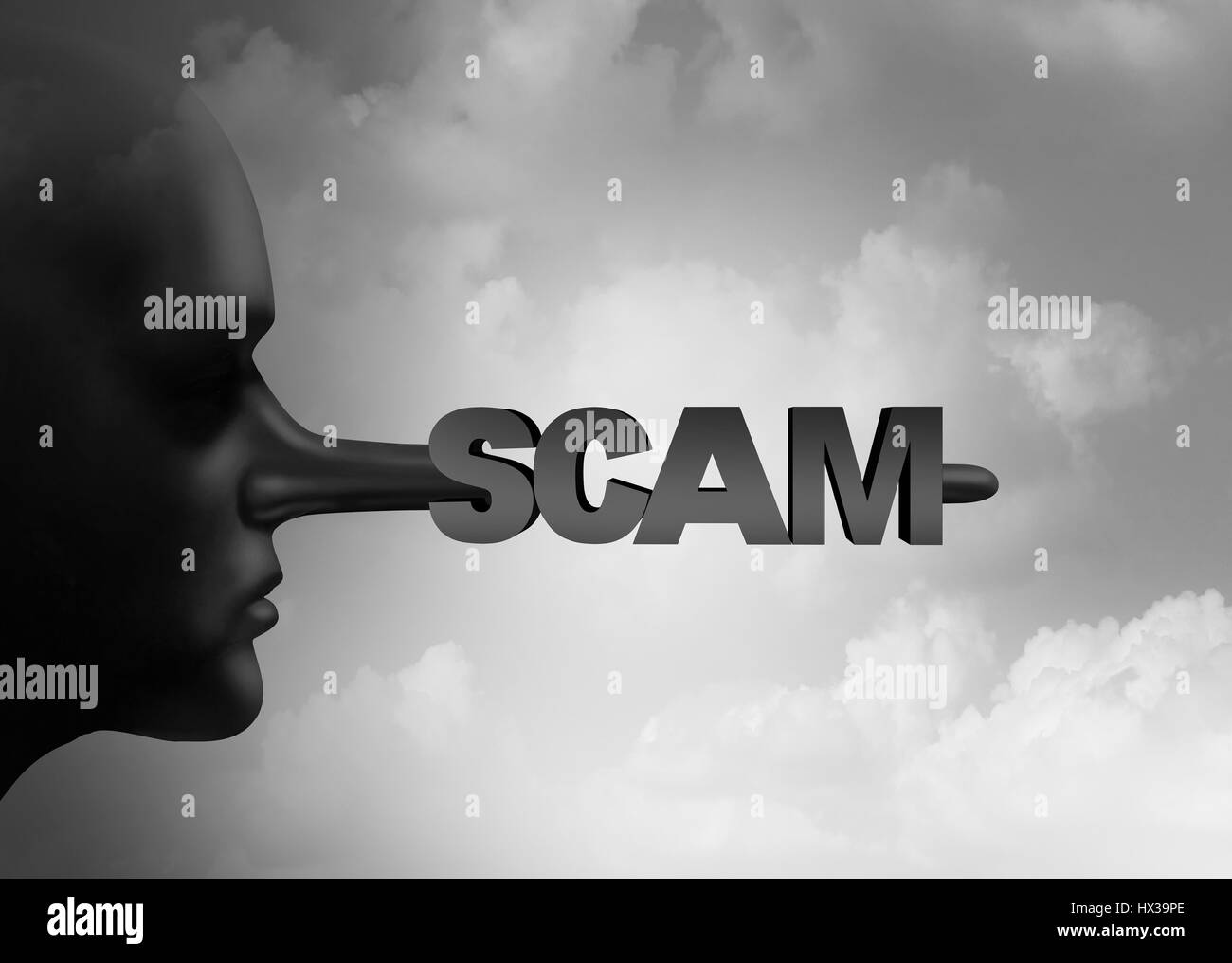 Scam concept as a scamming person with a liar pinocchio long nose with ...
