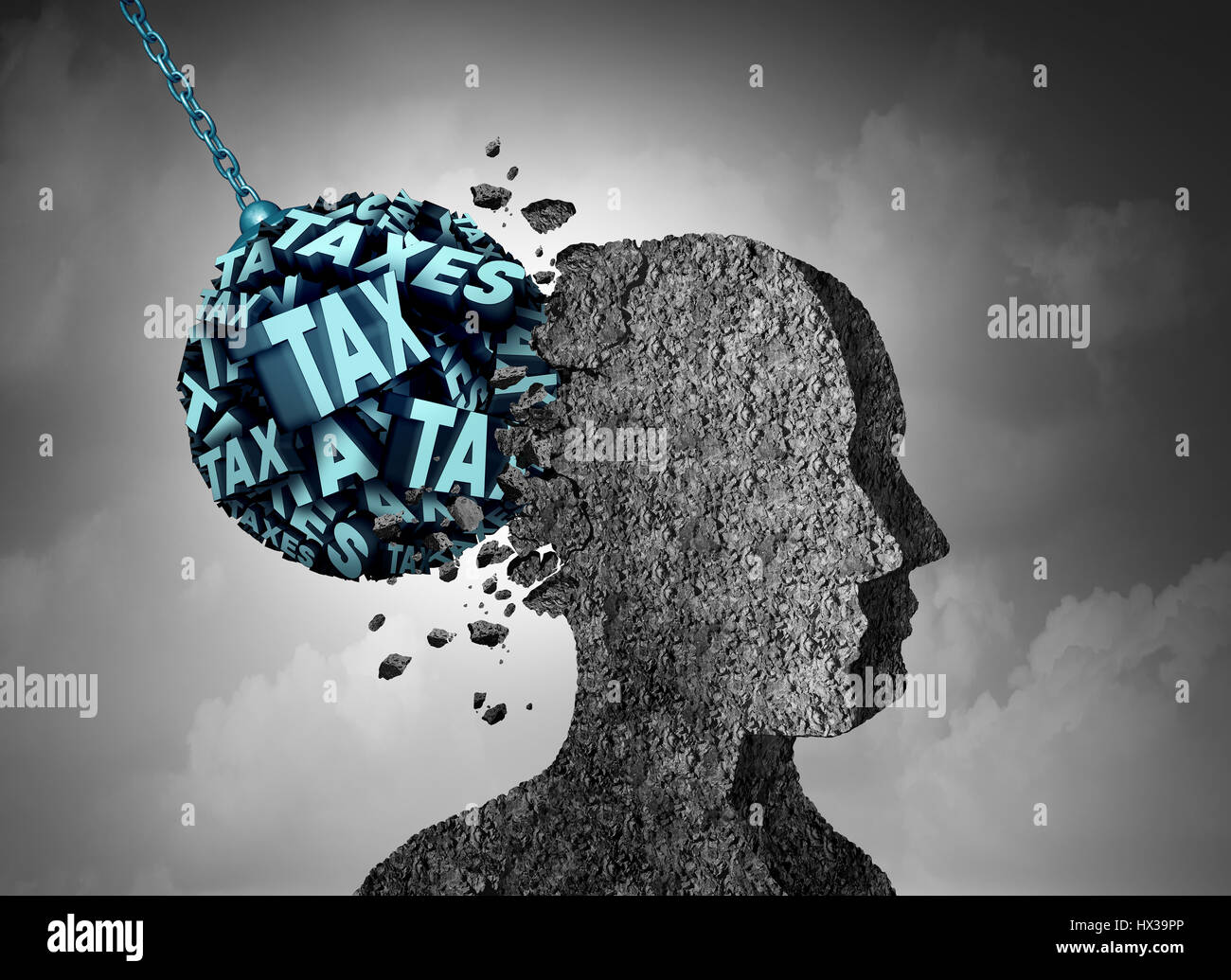 Tax pain and financial fees headache as text shaped as a wrecking ball ...