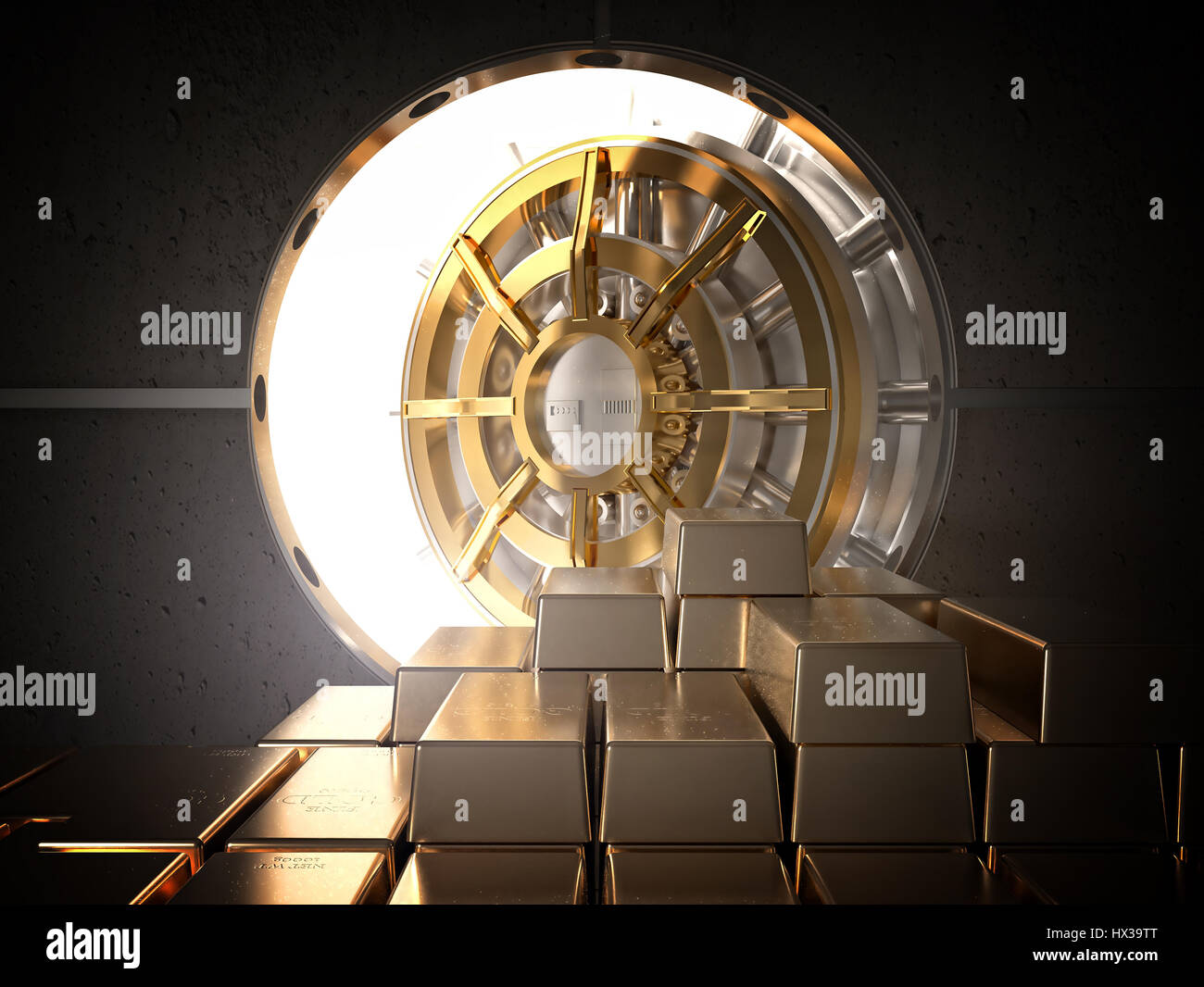 open vault and golden ingot 3d rendering image Stock Photo - Alamy