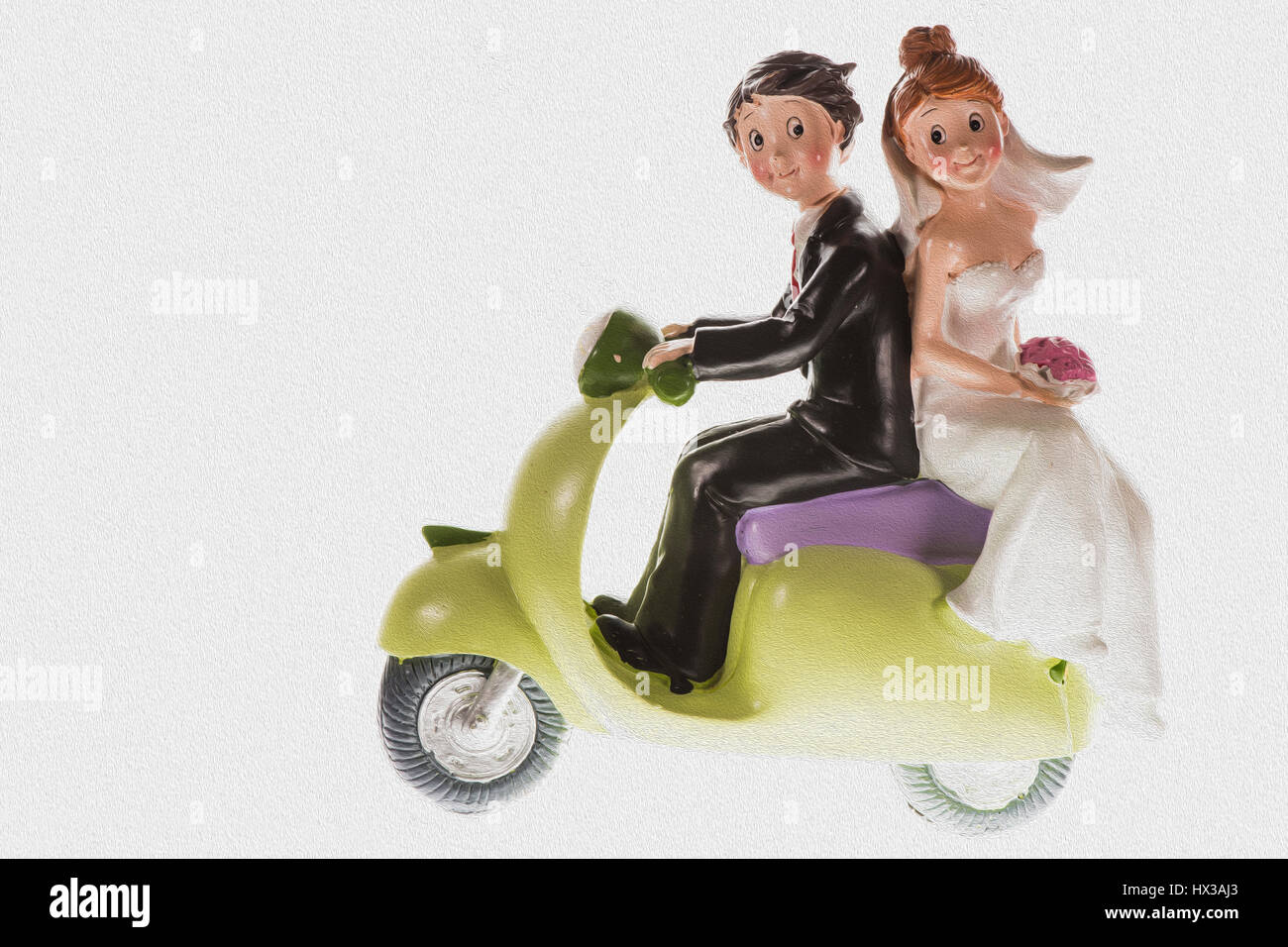 Figurine of groom and bride running by motorcycle on honeymoon, cake ...