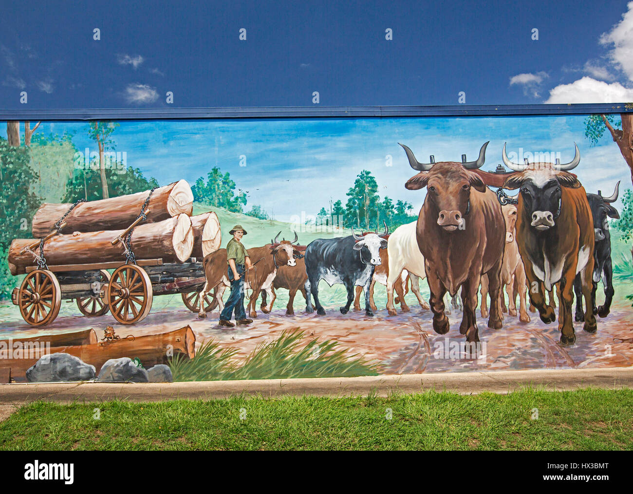 Large and colourful mural depicting historic scene of bullocks pulling ...