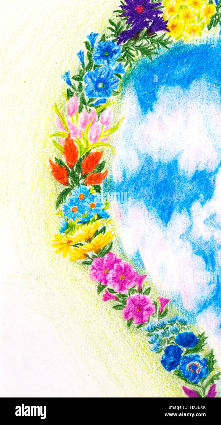 ornamental chain of wild meadow flowers, colorful drawing Stock Photo ...