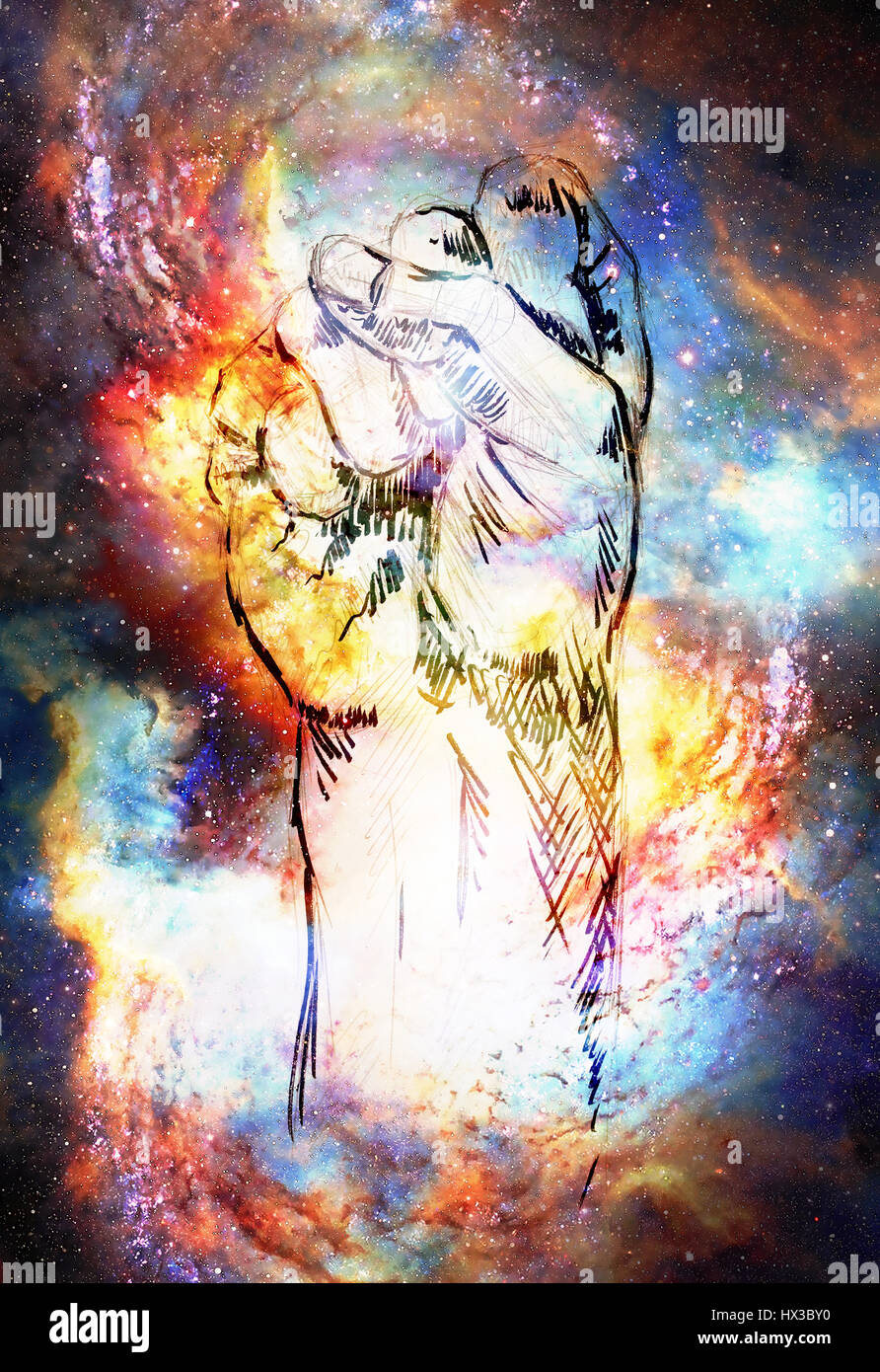 Fist drawing, in cosmic background. Computer collage Stock Photo - Alamy