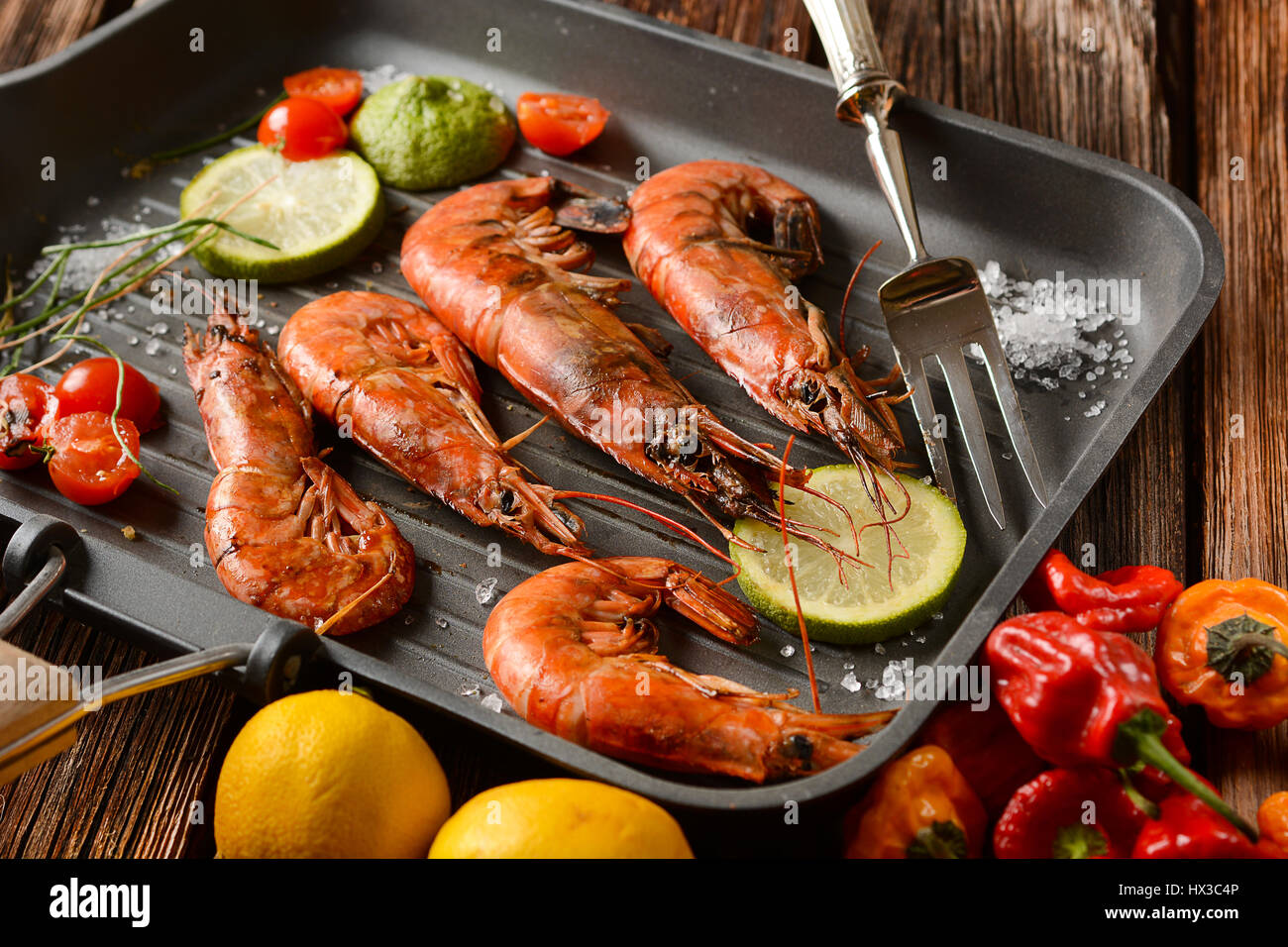 roasted red prawns with ingredients around - closeup Stock Photo - Alamy