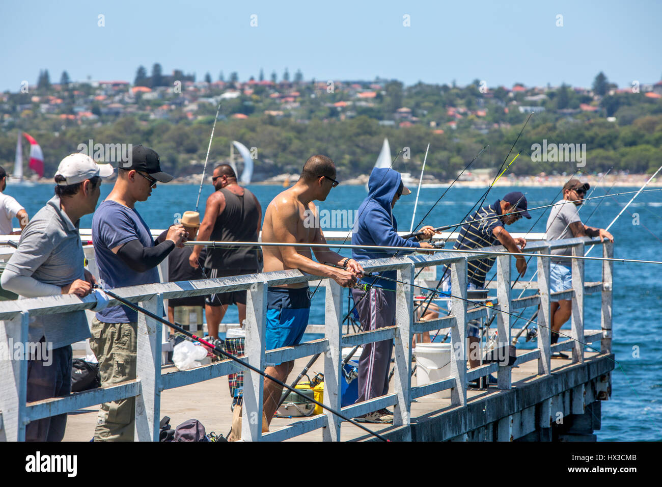 Men fishing off the pier at Chowder Bay,Sydney,Australia Stock Photo ...