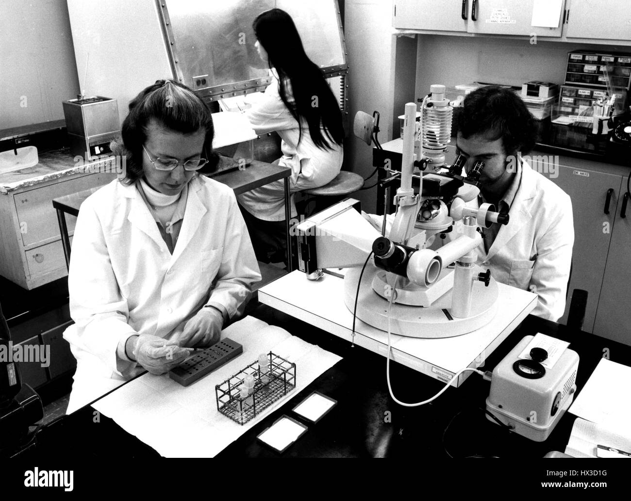 Three scientists work in a lab using a technique to isolate and ...