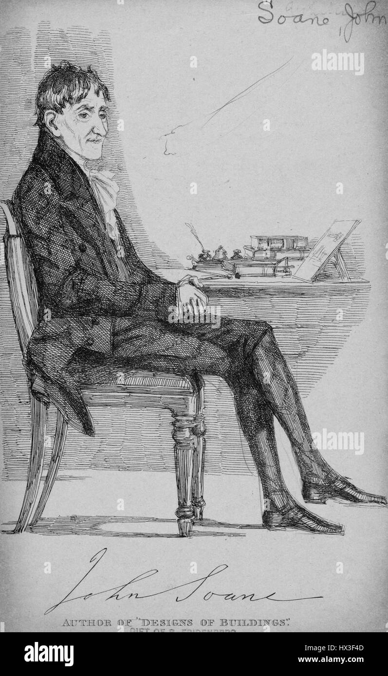 Full length portrait of English architect Sir John Soane sitting at a ...