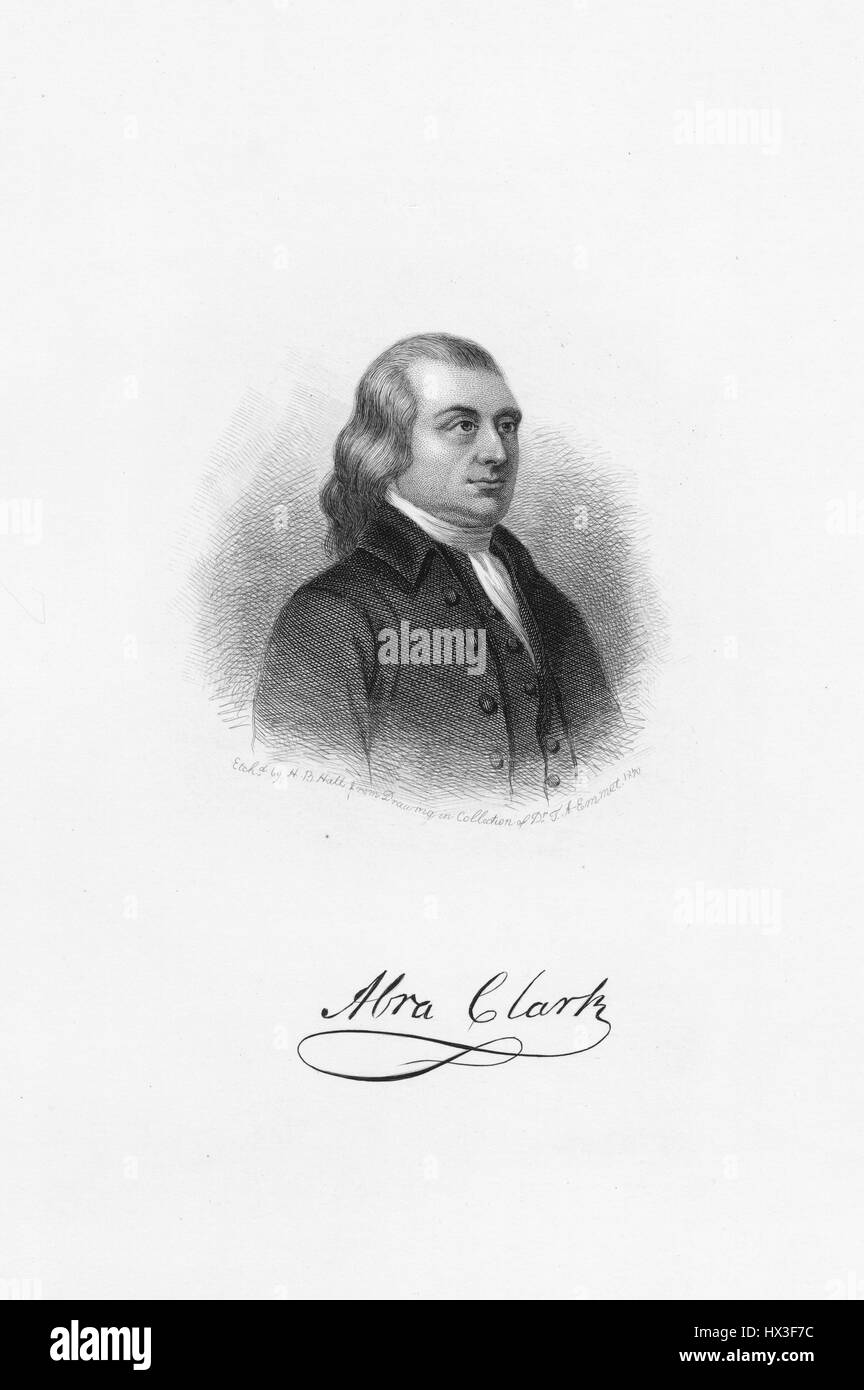 Chest up illustrated portrait of Abraham Clark, politician and ...