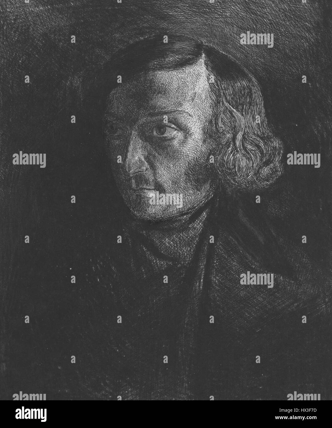 Etching of a man by French painter Charles Emile Jacque, 1850 Stock ...