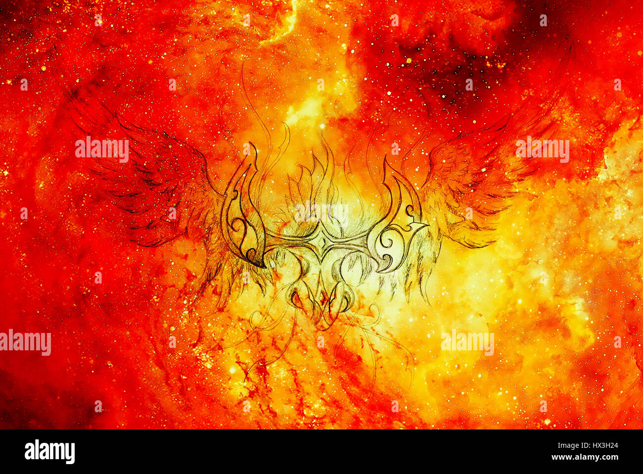 Drawing of ornamental phoenix in cosmic background, fire effect Stock ...