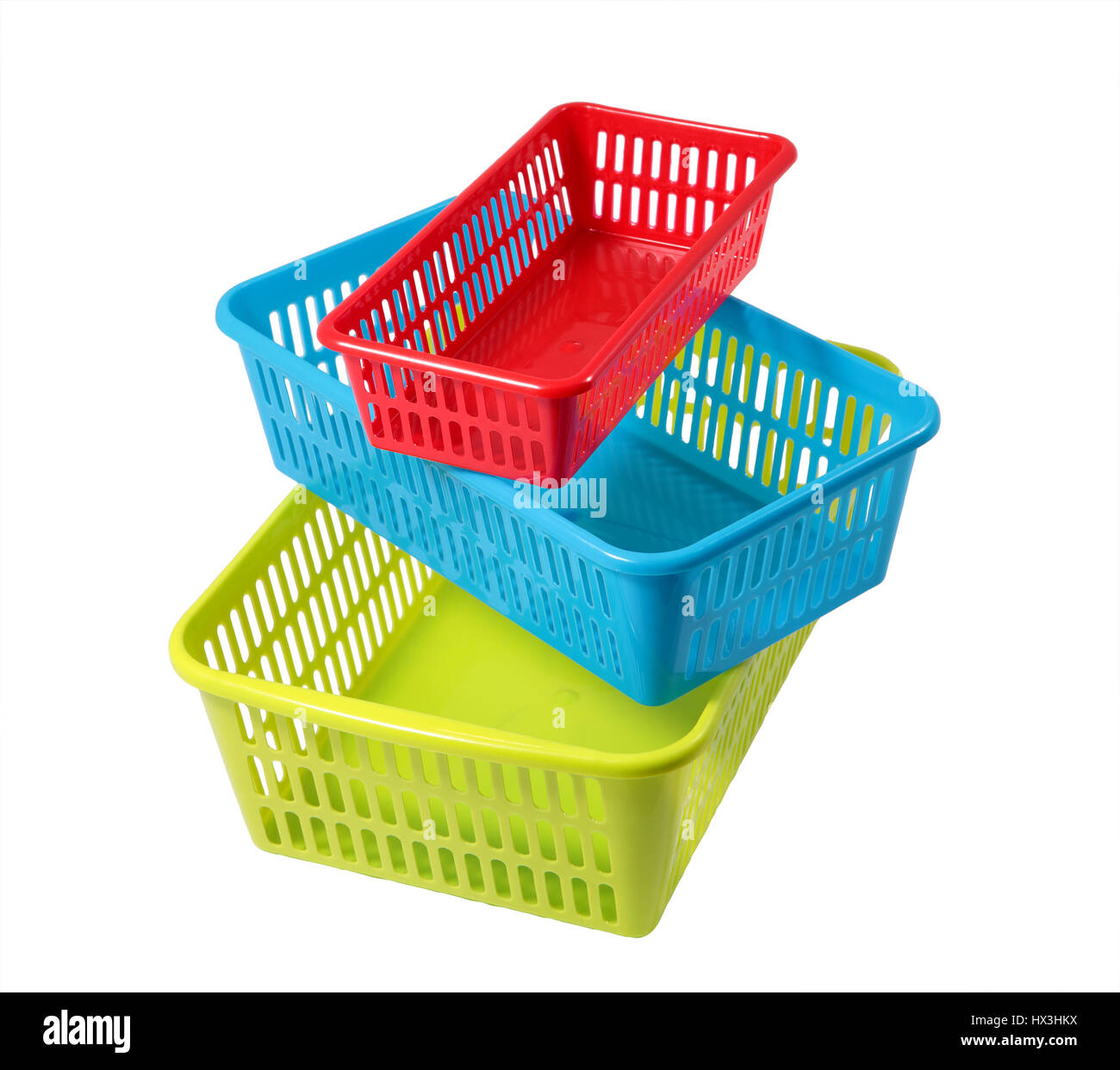 Household storage system, set colored plastic baskets of various sizes ...