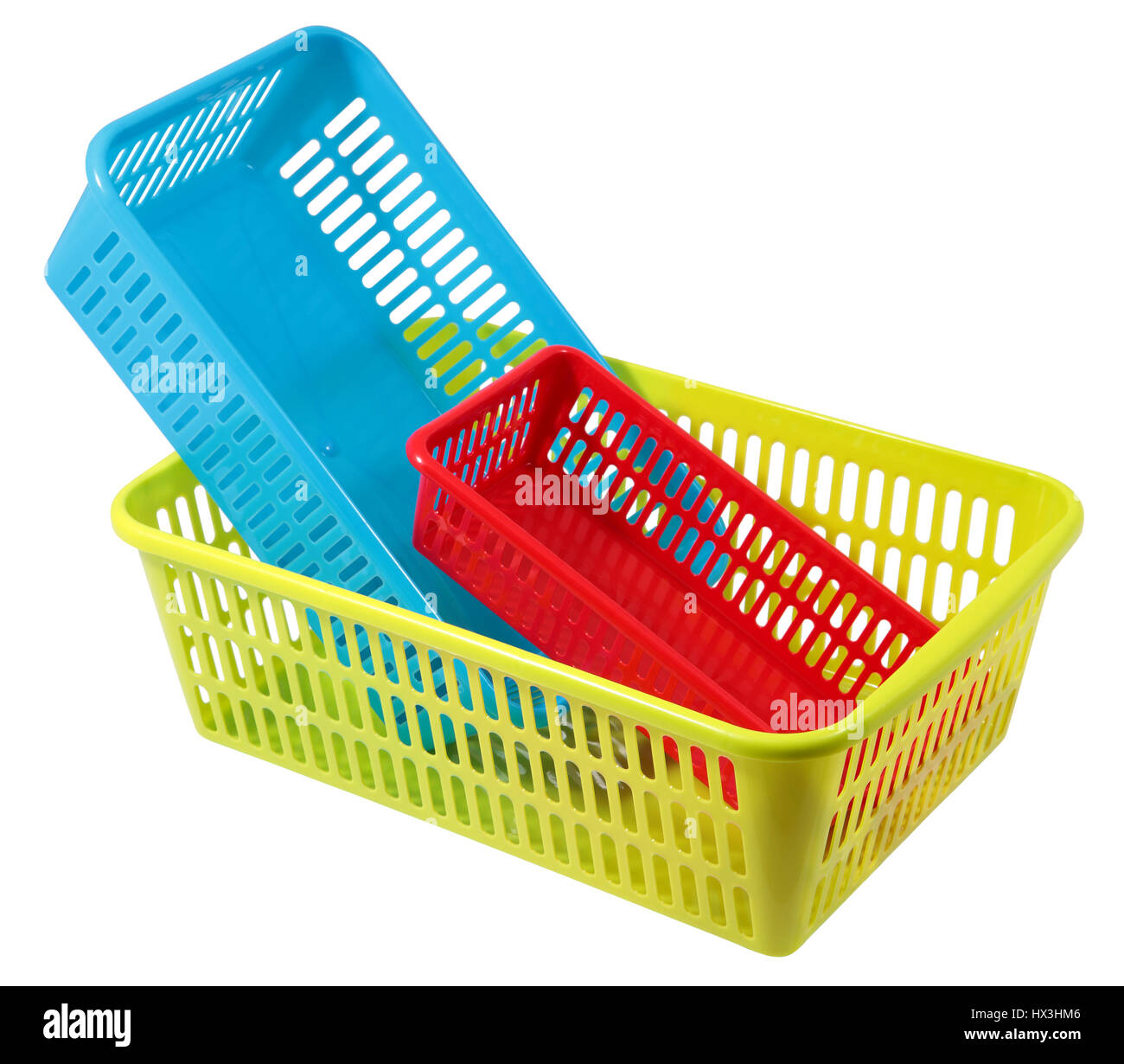 Three set of colors and sizes of plastic boxes for household storage ...