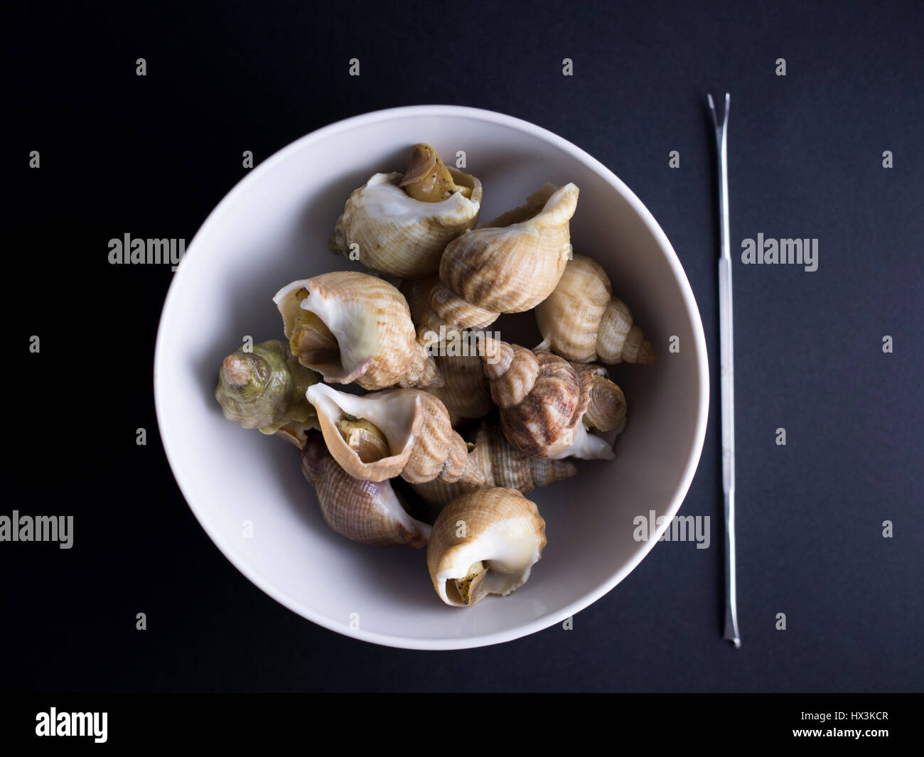 Whelks or sea snails in white bowl isolated on black background Stock ...