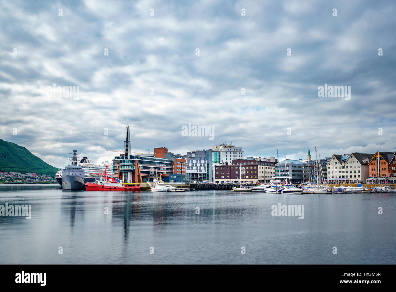 View of a marina in Tromso, North Norway. Tromso is considered the ...