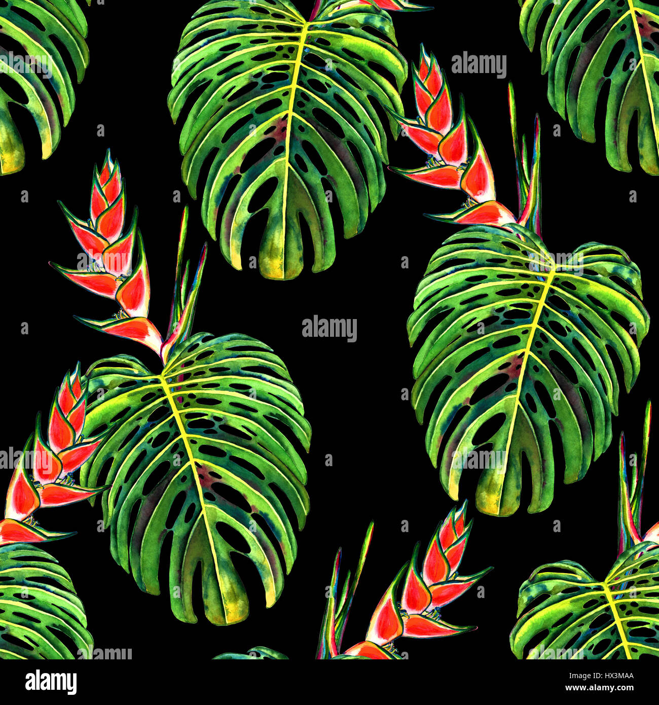 Seamless floral pattern with watercolor monstera leaves and heliconia ...
