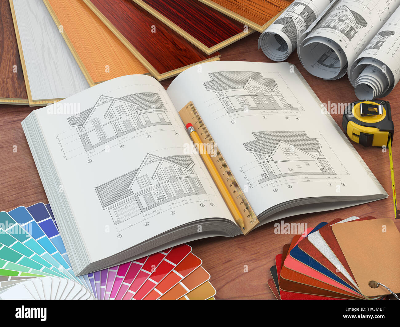 Drafts of the house, wood samples, color palette and leather swatches ...