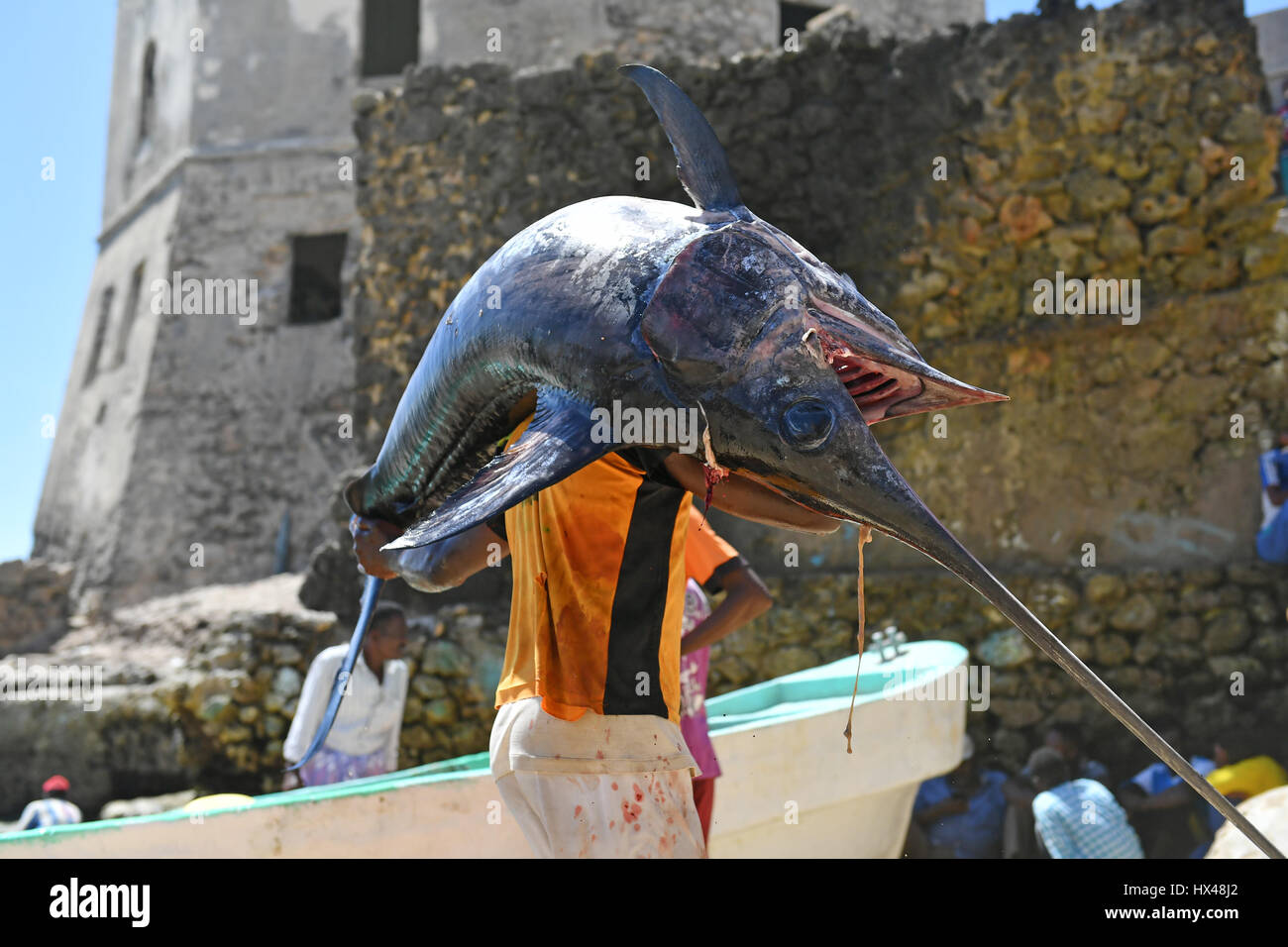 Mogadishu, Somalia. 23rd Mar, 2017. A man carries a sailfish to the ...