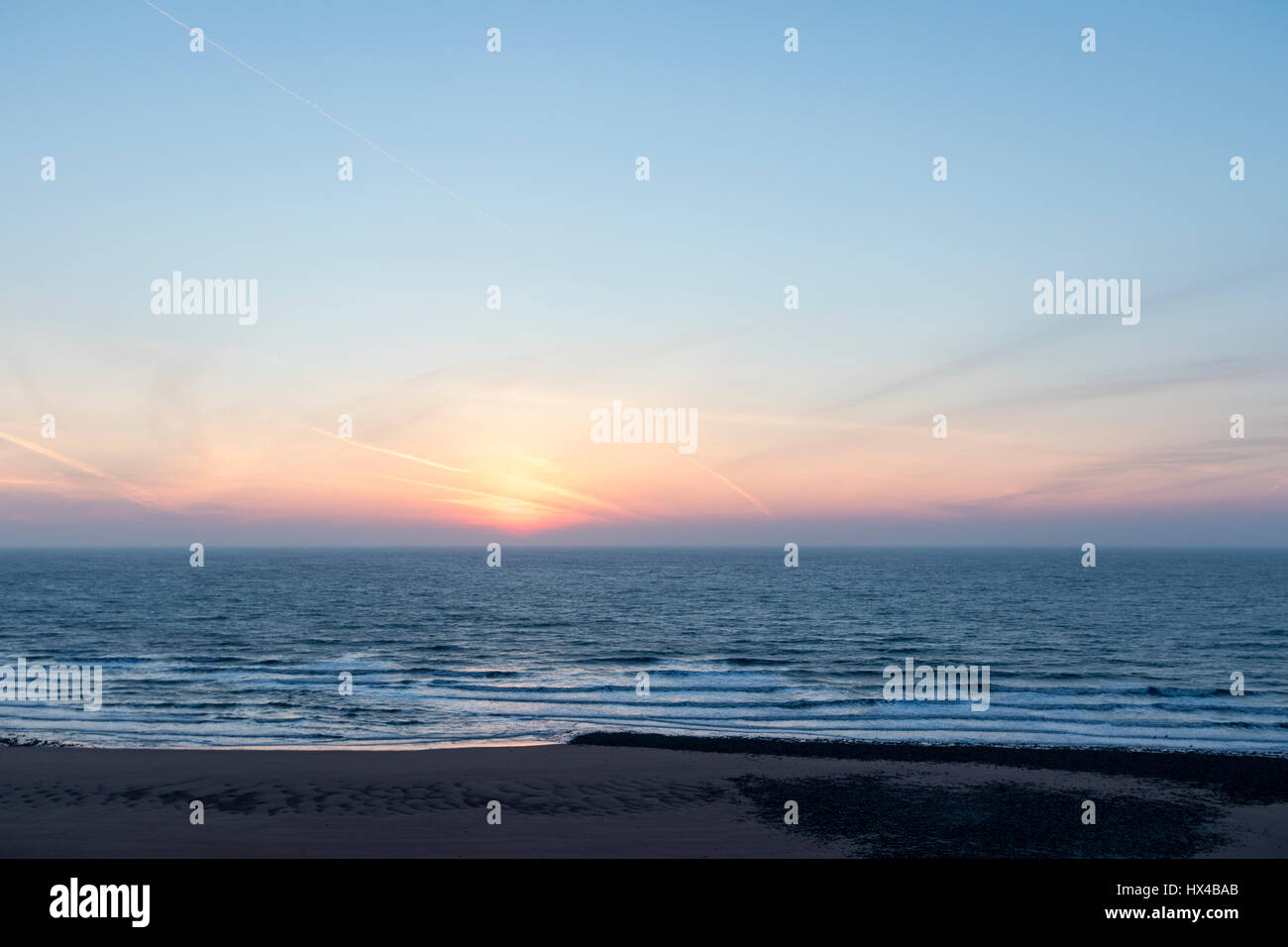 England, Ramsgate. Dawn sky over the sea, English Channel, with sun ...