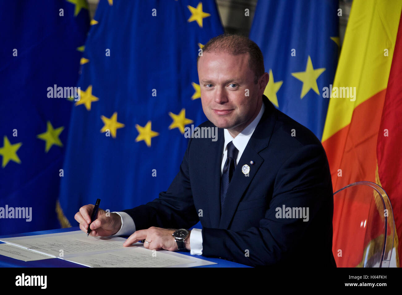 Rome, Italy. 25th Mar, 2017. Malta's Prime Minister Joseph Muscat signs ...