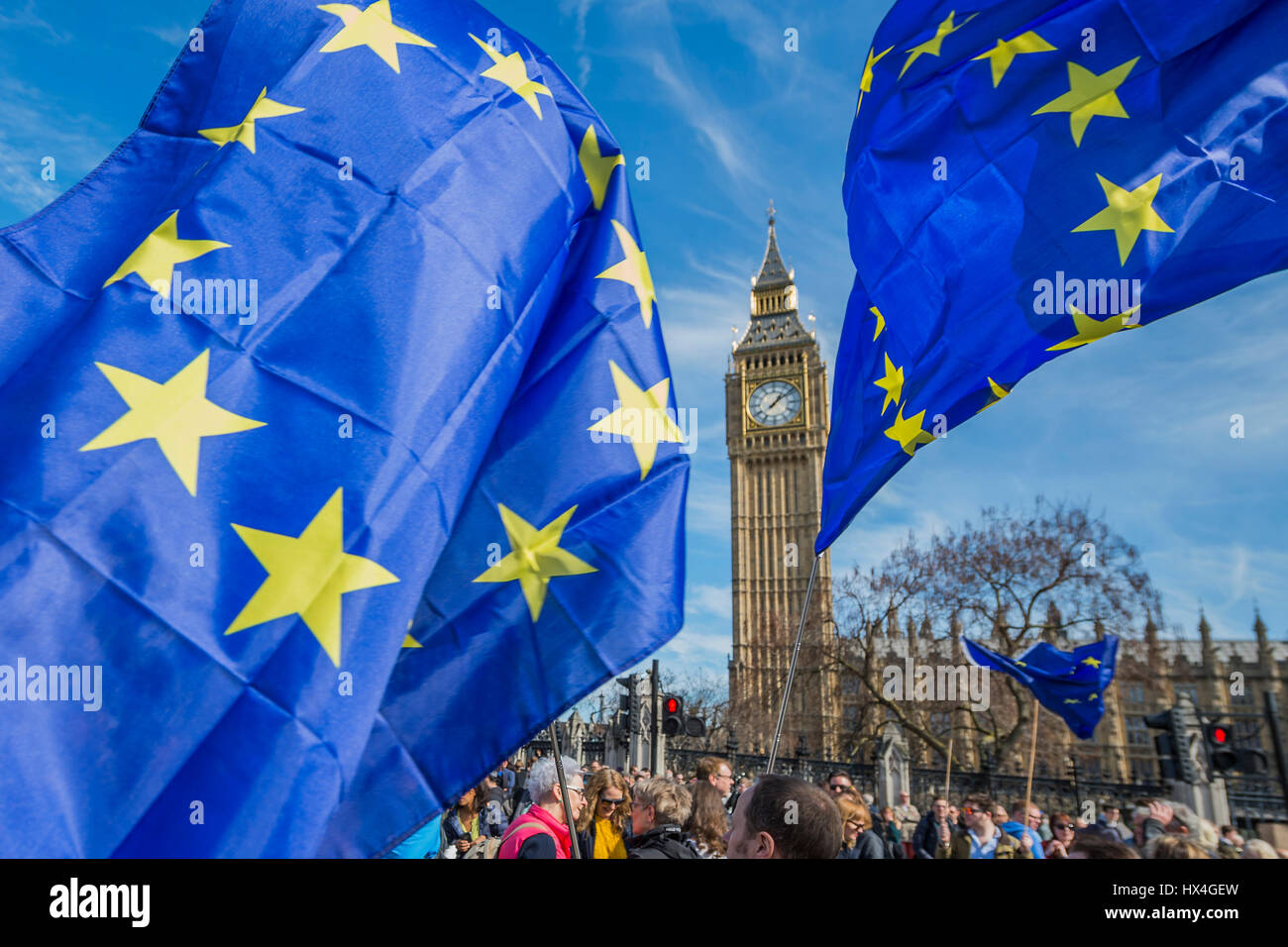 London, UK. 25th March, 2017. Arriving in Parliament Square - Unite for Europe march attended by ...