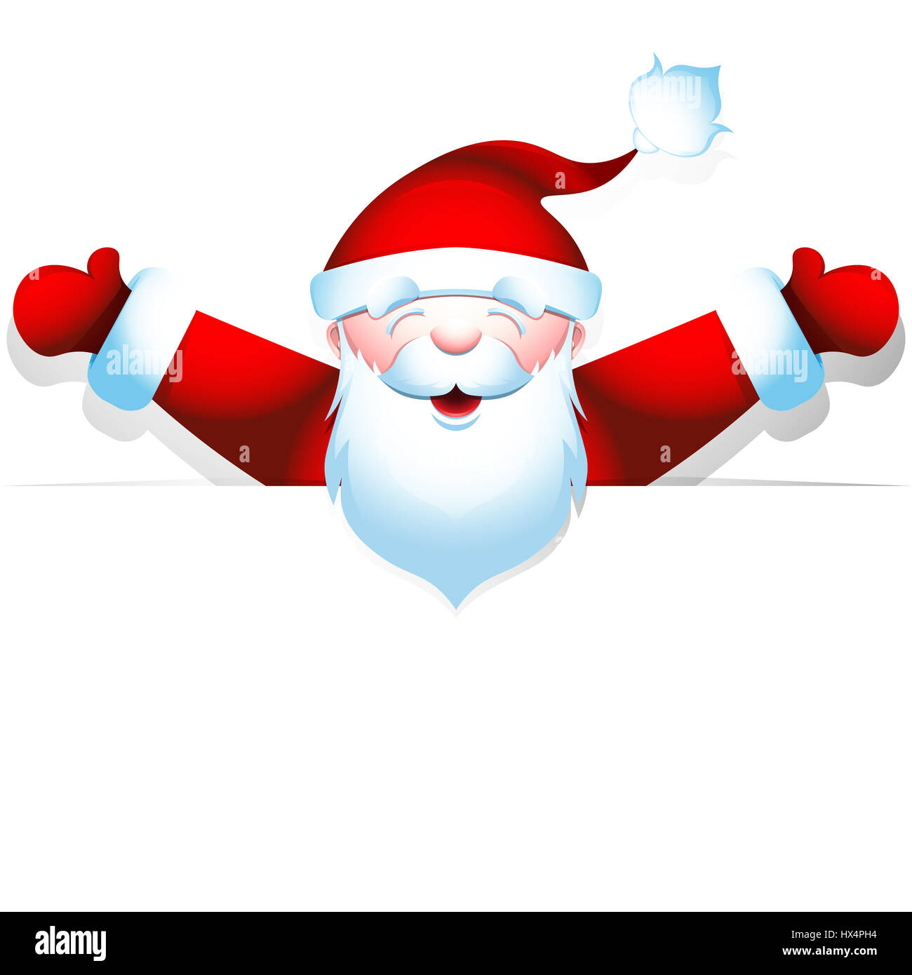 Joyous Santa Claus peeping from behind blank banner, hands wide apart ...