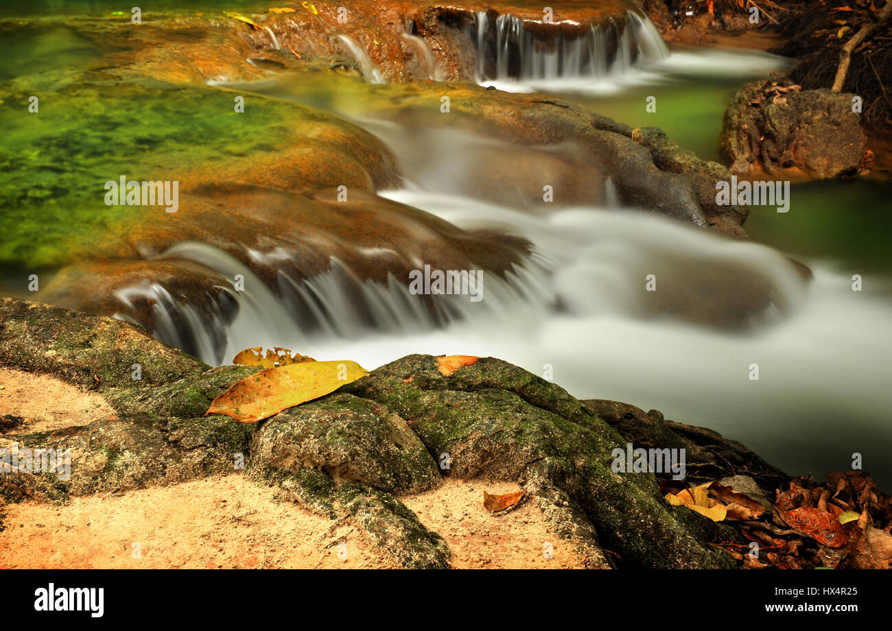 small green water fall in low lighting in the forest Stock Photo - Alamy