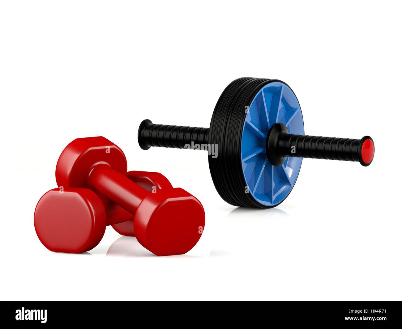Red light weight dumbbells and abdominal wheel roller on white ...