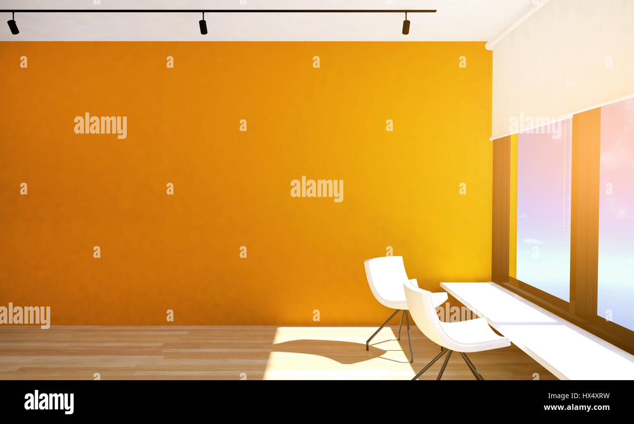 Empty room interior with orange wall and parquet floor with large ...