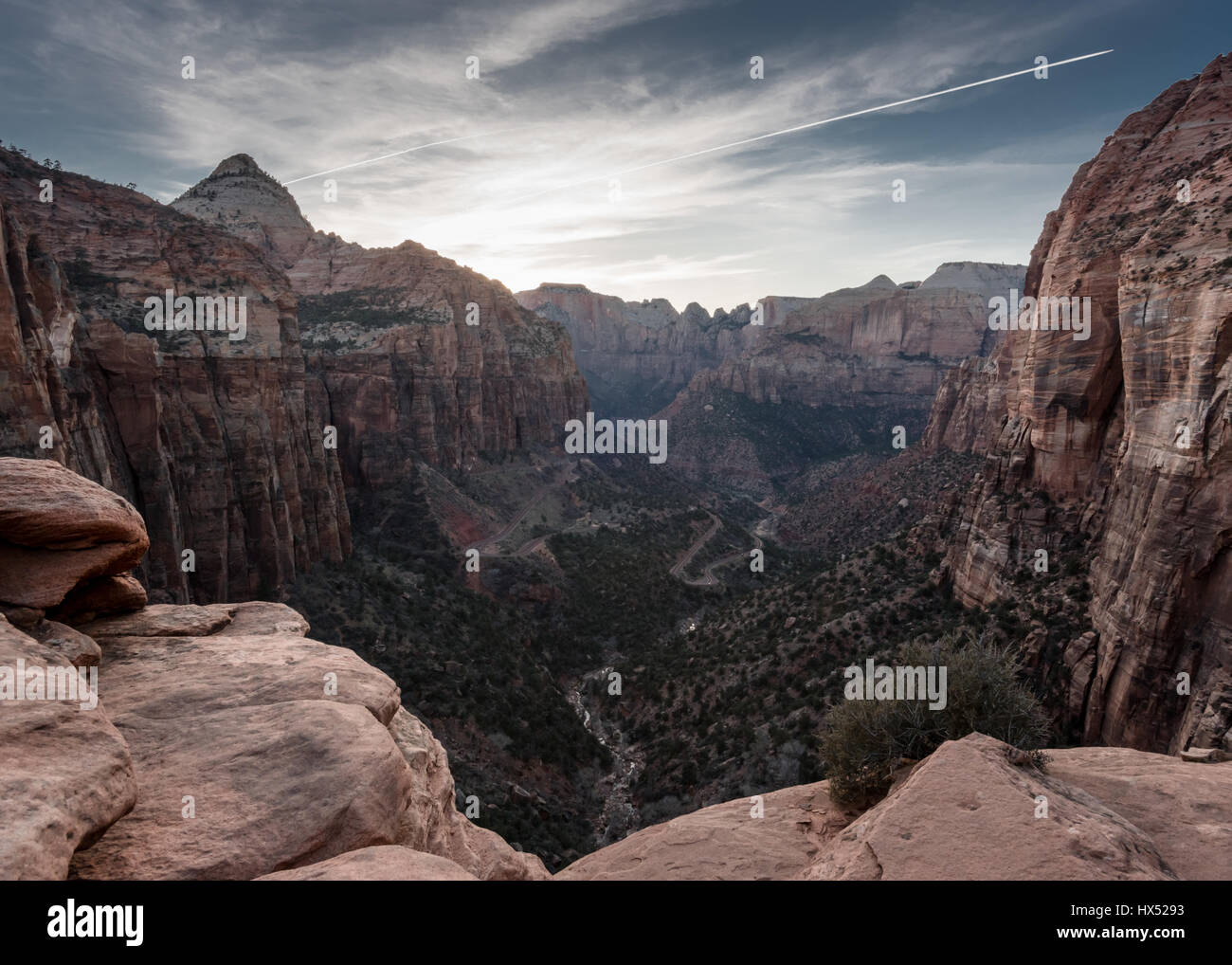 Looking Down the Canyon in Zion in the late afternoon light Stock Photo ...