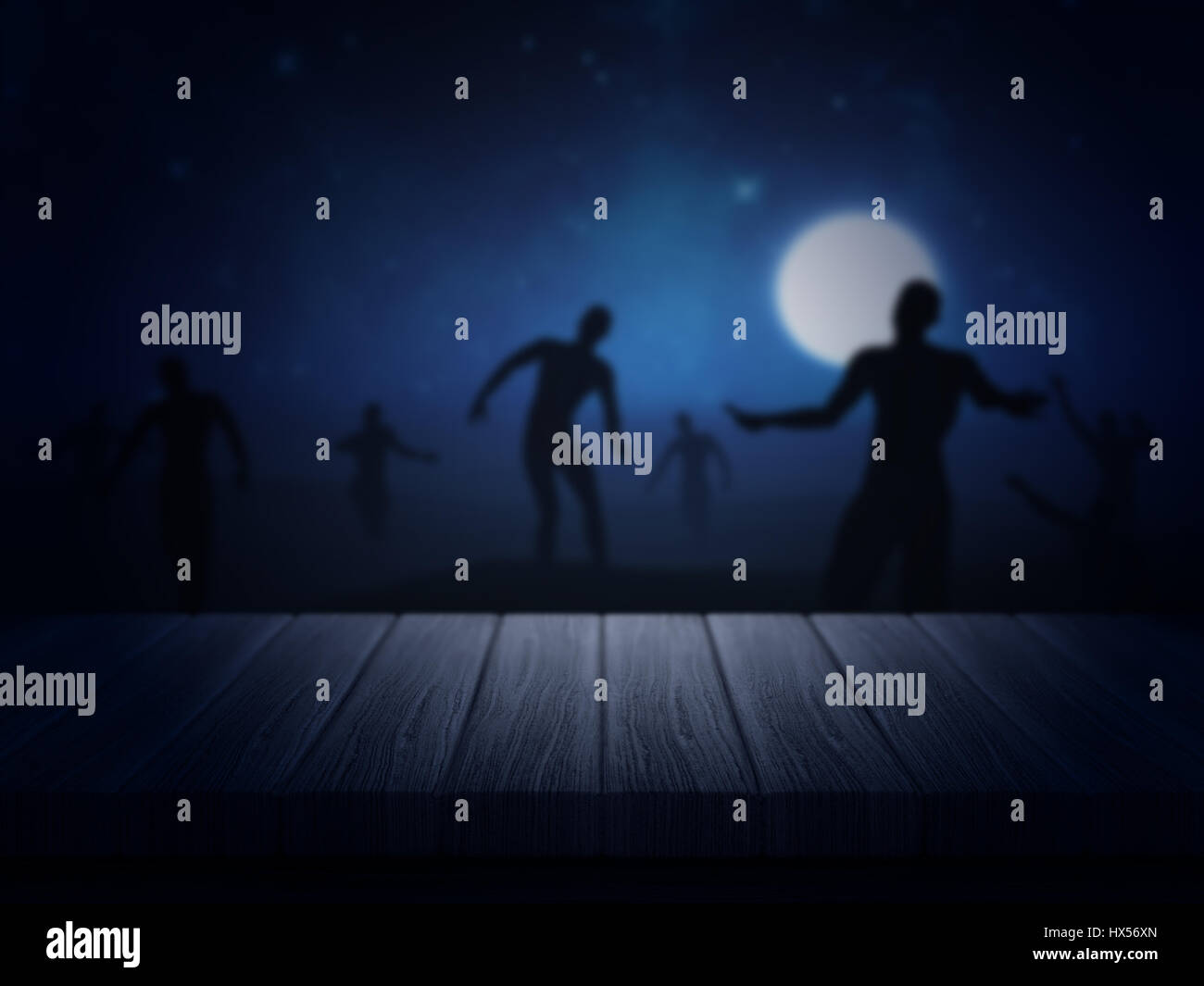 3D render of a wooden table looking out to a spooky Halloween zombie ...