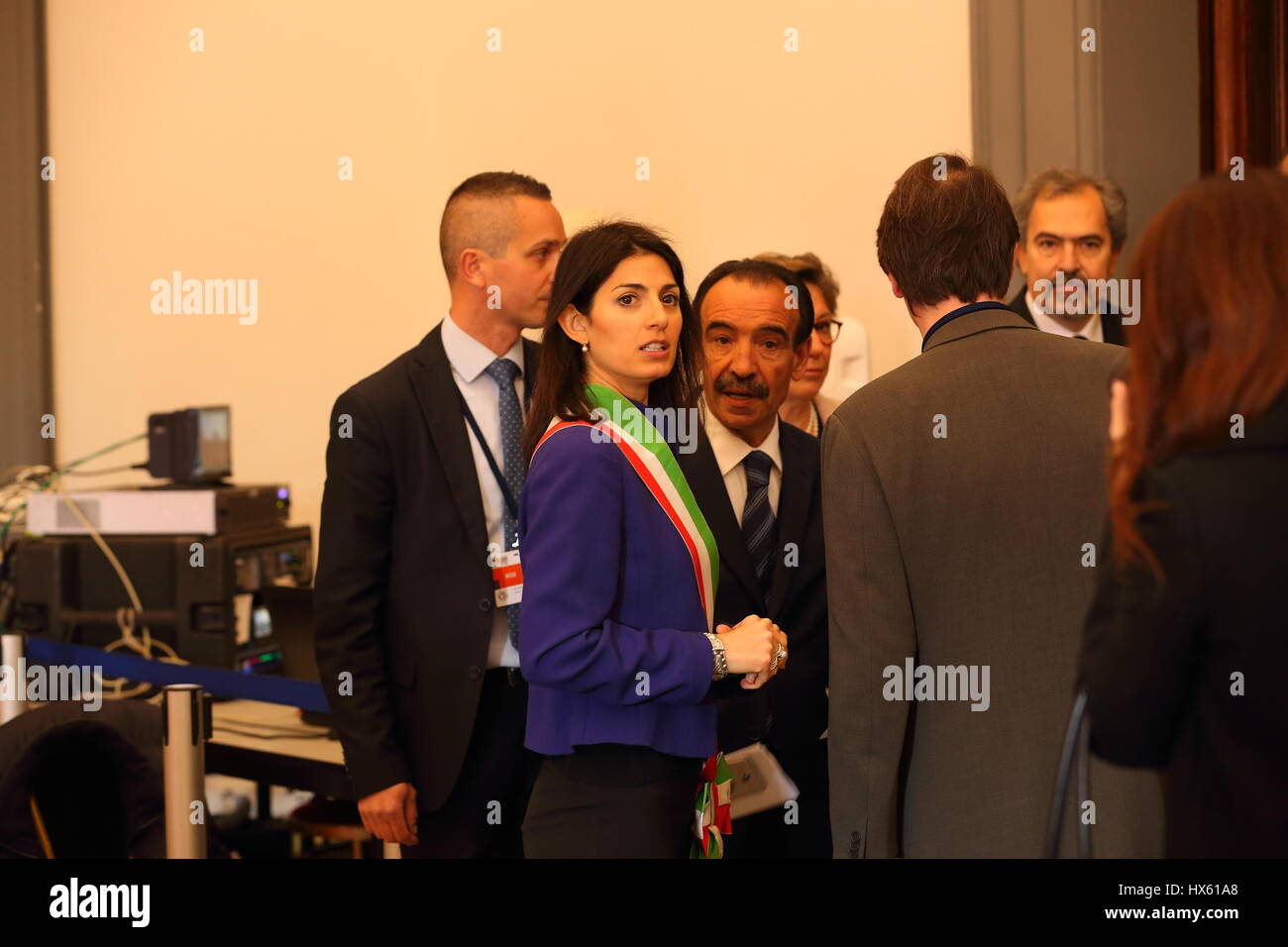 Roma, Italy. 25th Mar, 2017. The Mayor of Rome Virginia Raggi visit the press area before ...