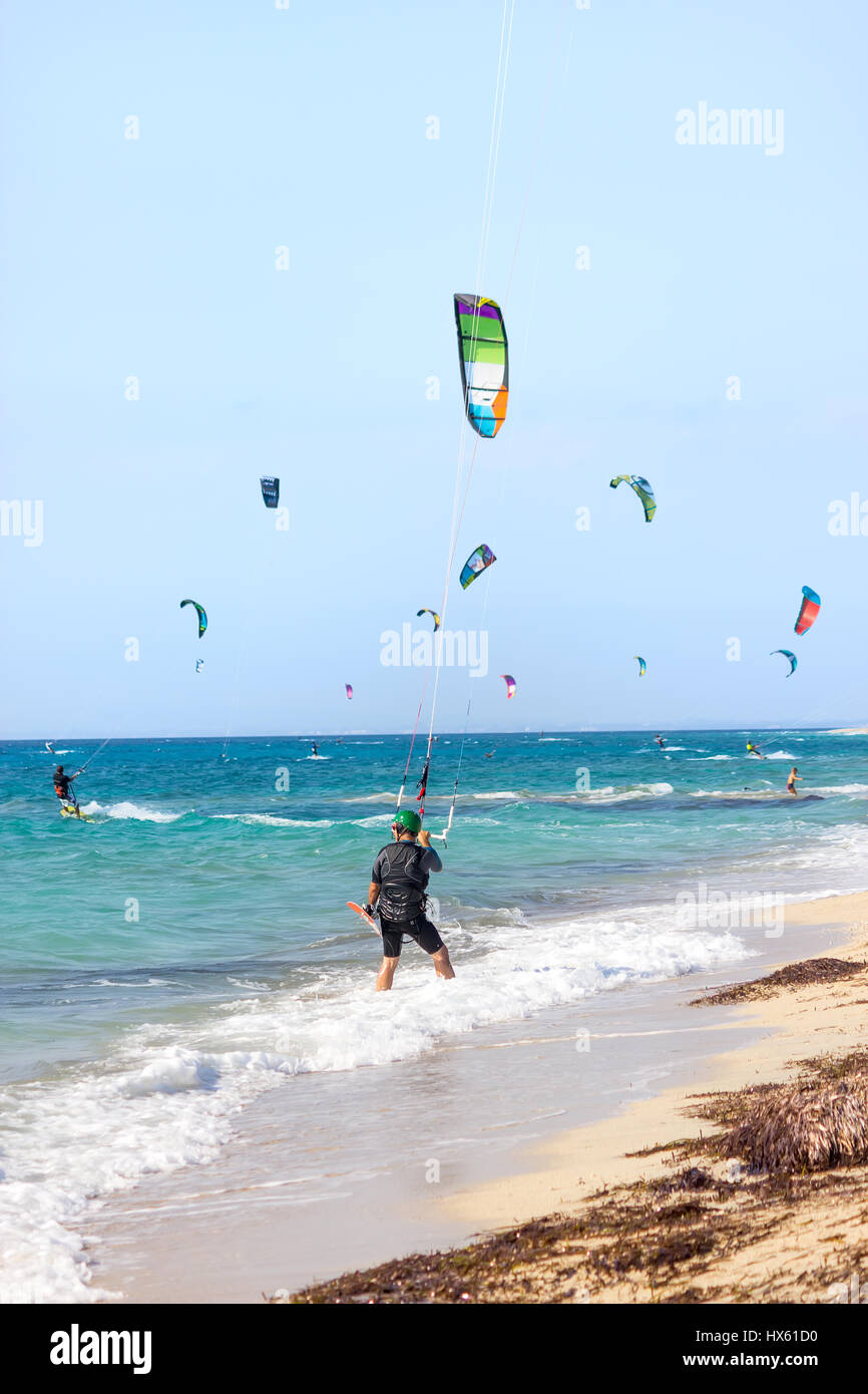 Kite-surfer at famous Milos beach in summer day in Lefkada, Greece ...