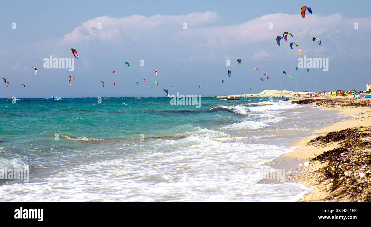 Kite-surfer at famous Milos beach in summer day in Lefkada, Greece ...