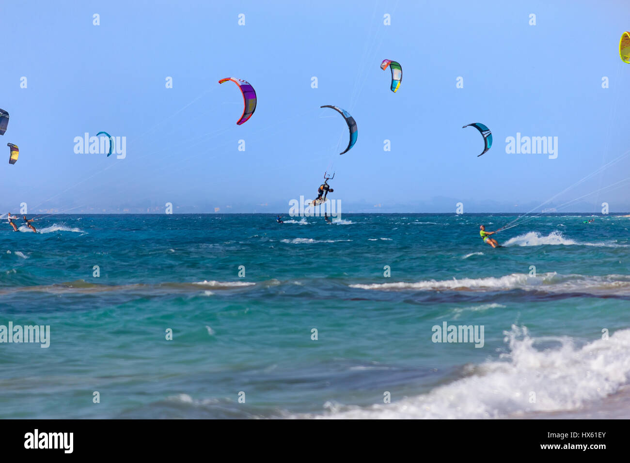 Kite-surfer at famous Milos beach in summer day in Lefkada, Greece ...