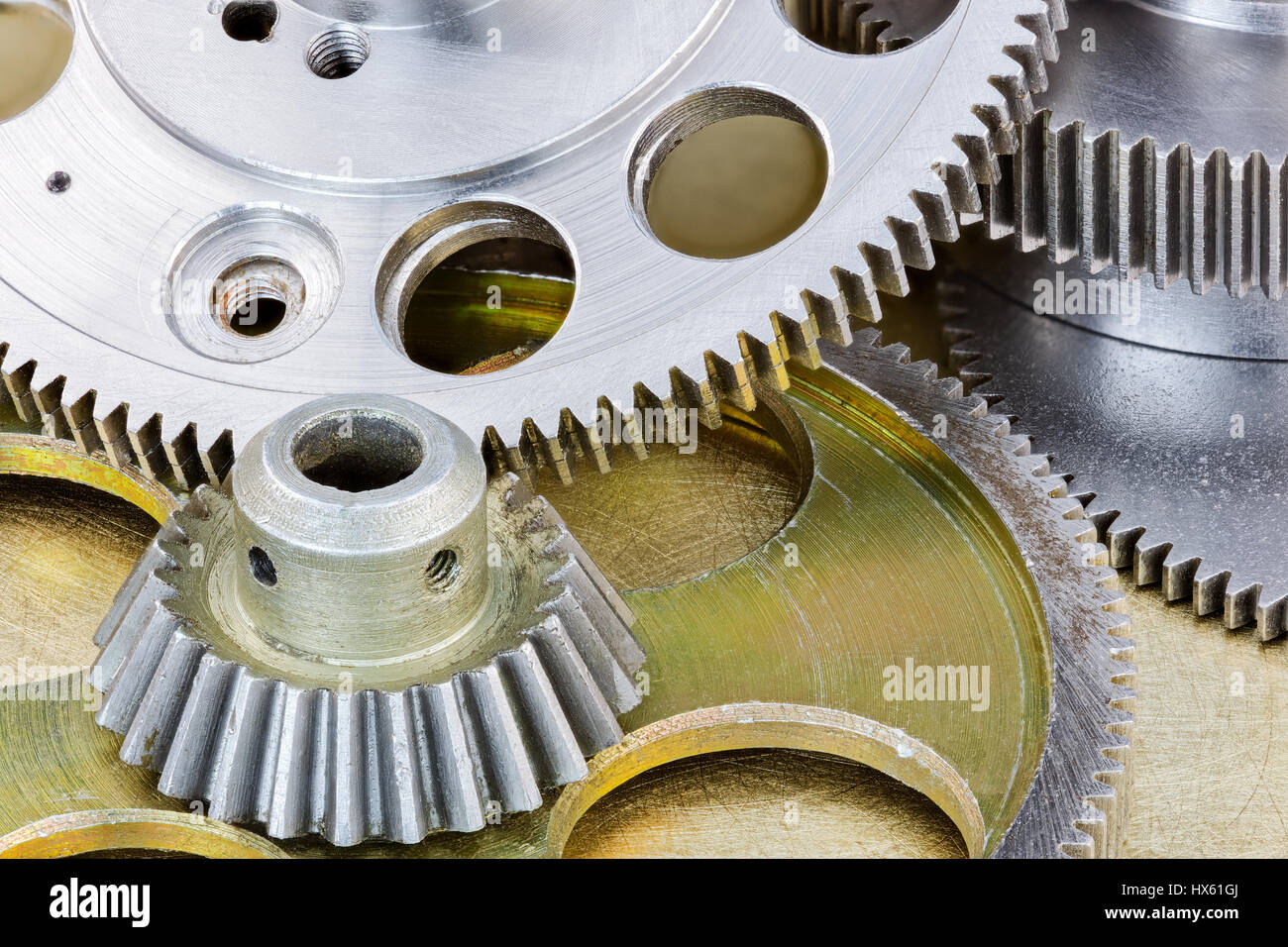 metal gear cogwheels and pulleys for industry closeup Stock Photo - Alamy