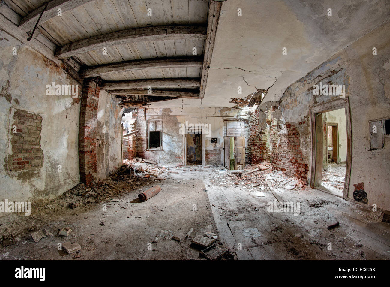 Totally devastated room - interior of the old, abandoned and crumbling ...