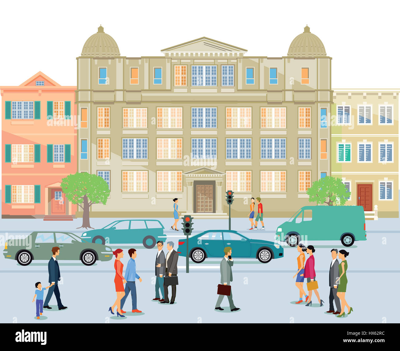 Street with school building and pedestrian Stock Photo - Alamy