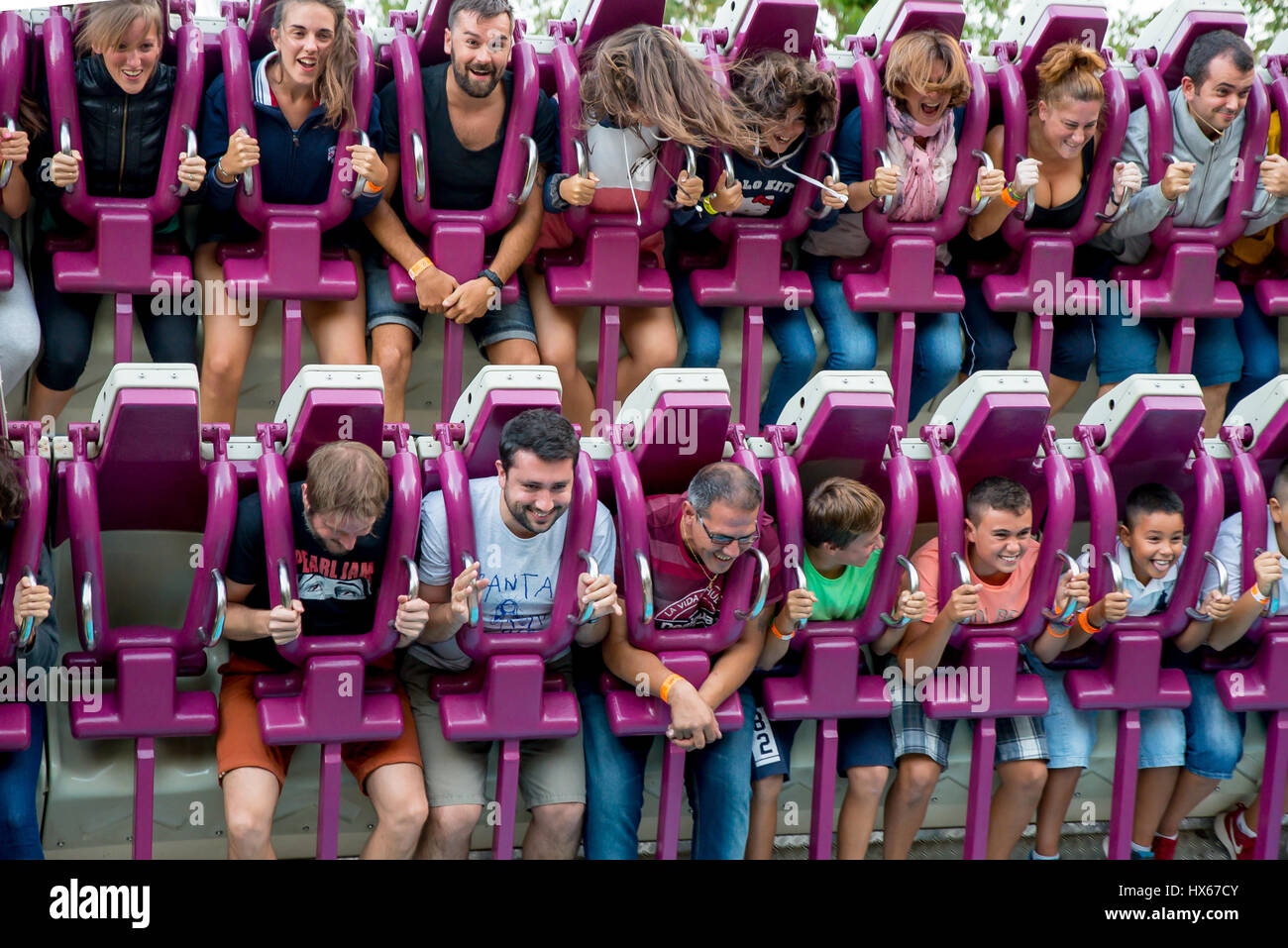 BARCELONA - SEP 5: People have fun at the Drop Tower attraction at ...