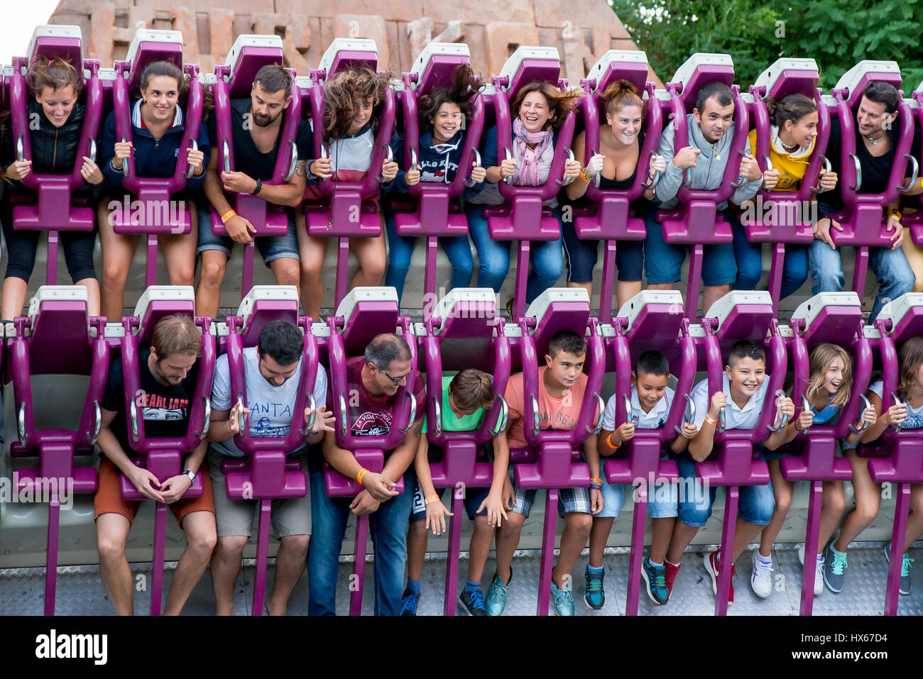 BARCELONA - SEP 5: People have fun at the Drop Tower attraction at ...