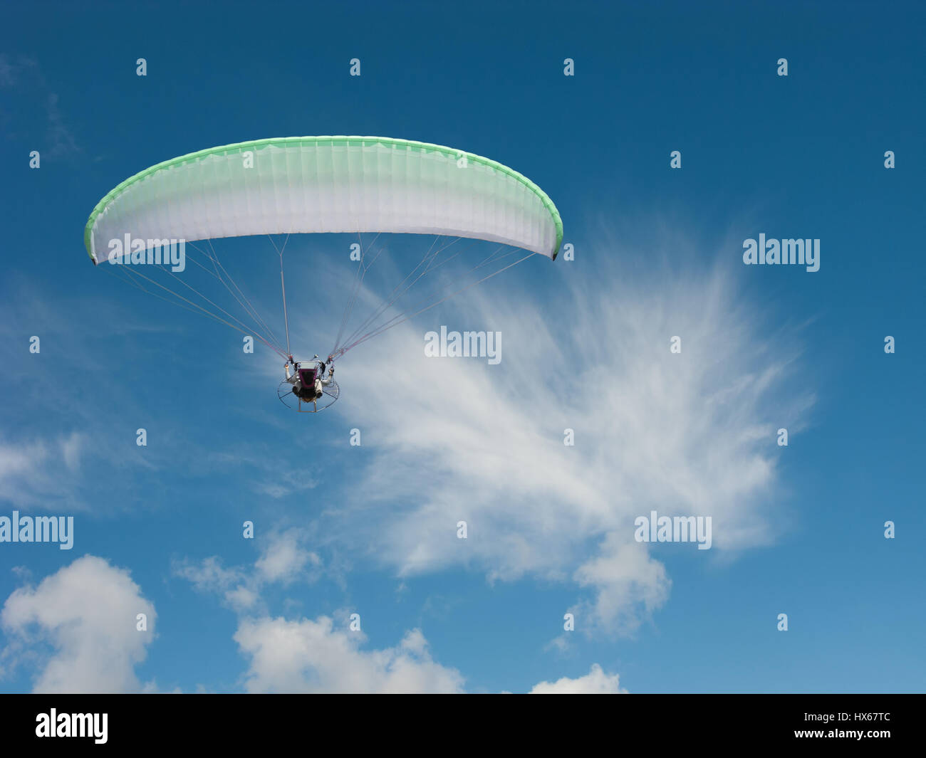 A motor parachute or paramotor flying in the sky Stock Photo - Alamy