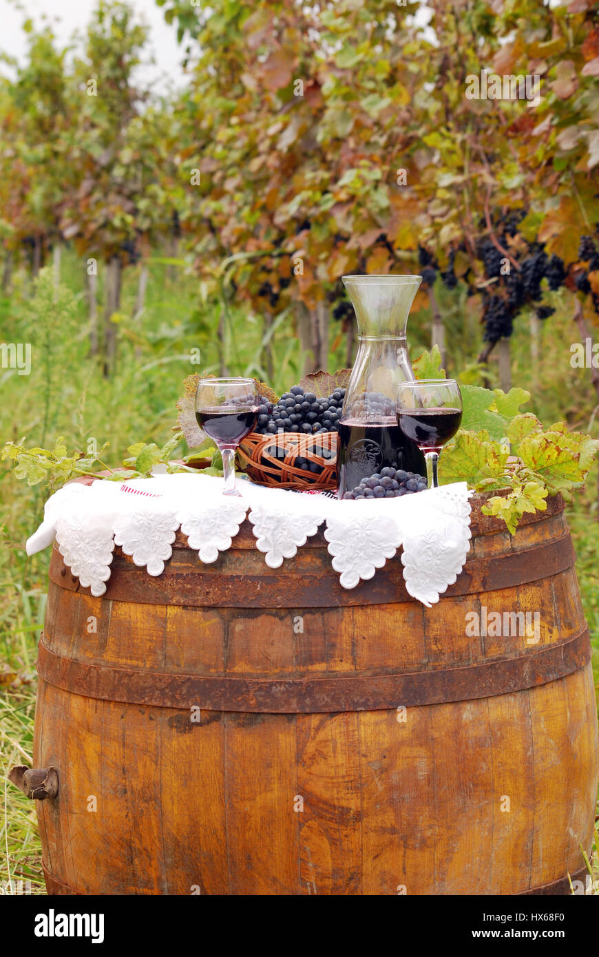 red wine and grape on barrel Stock Photo - Alamy