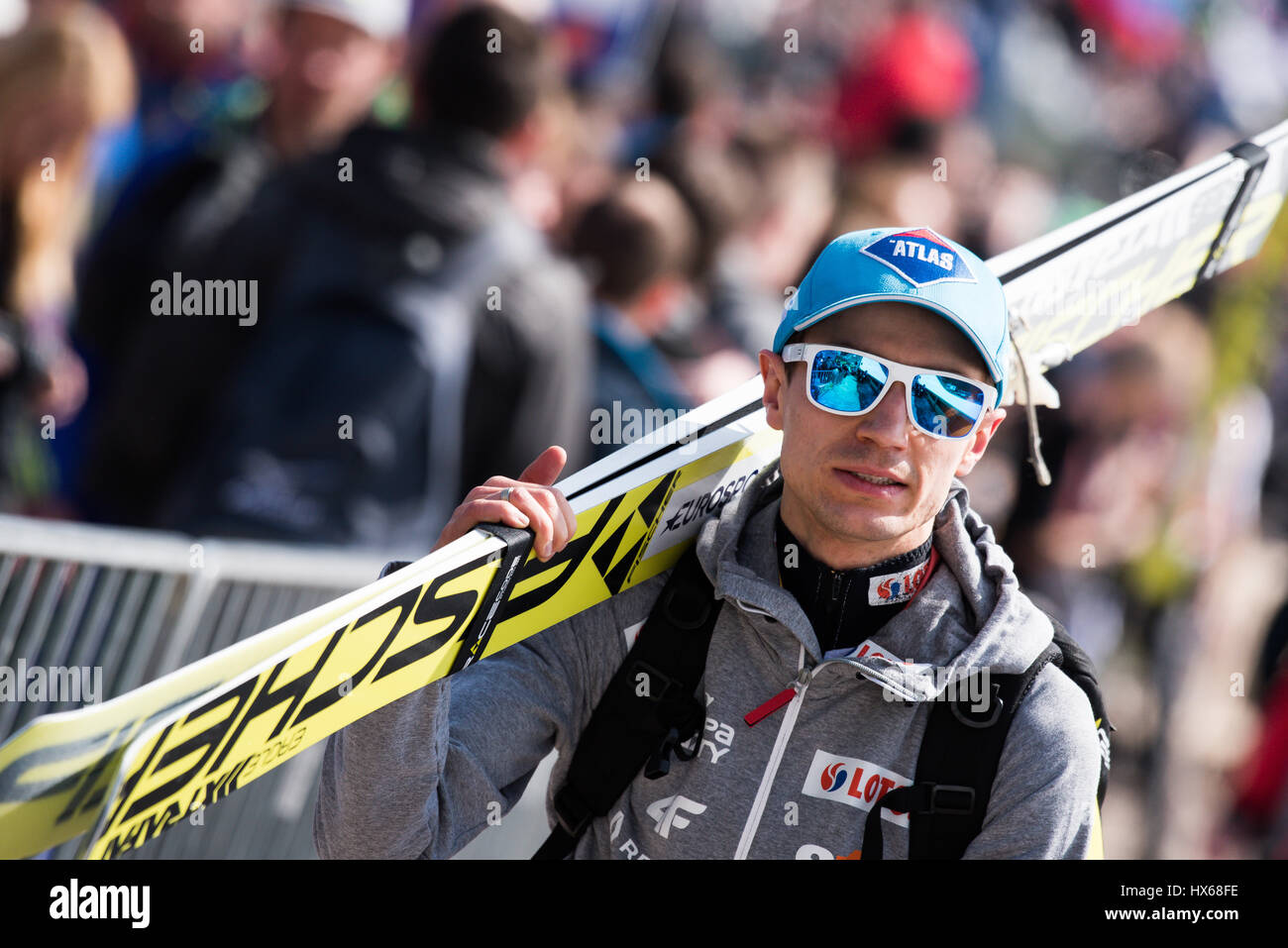 Planica, Slovenia. 25th Mar, 2017. Kamil Stoch celebrating hill record ...