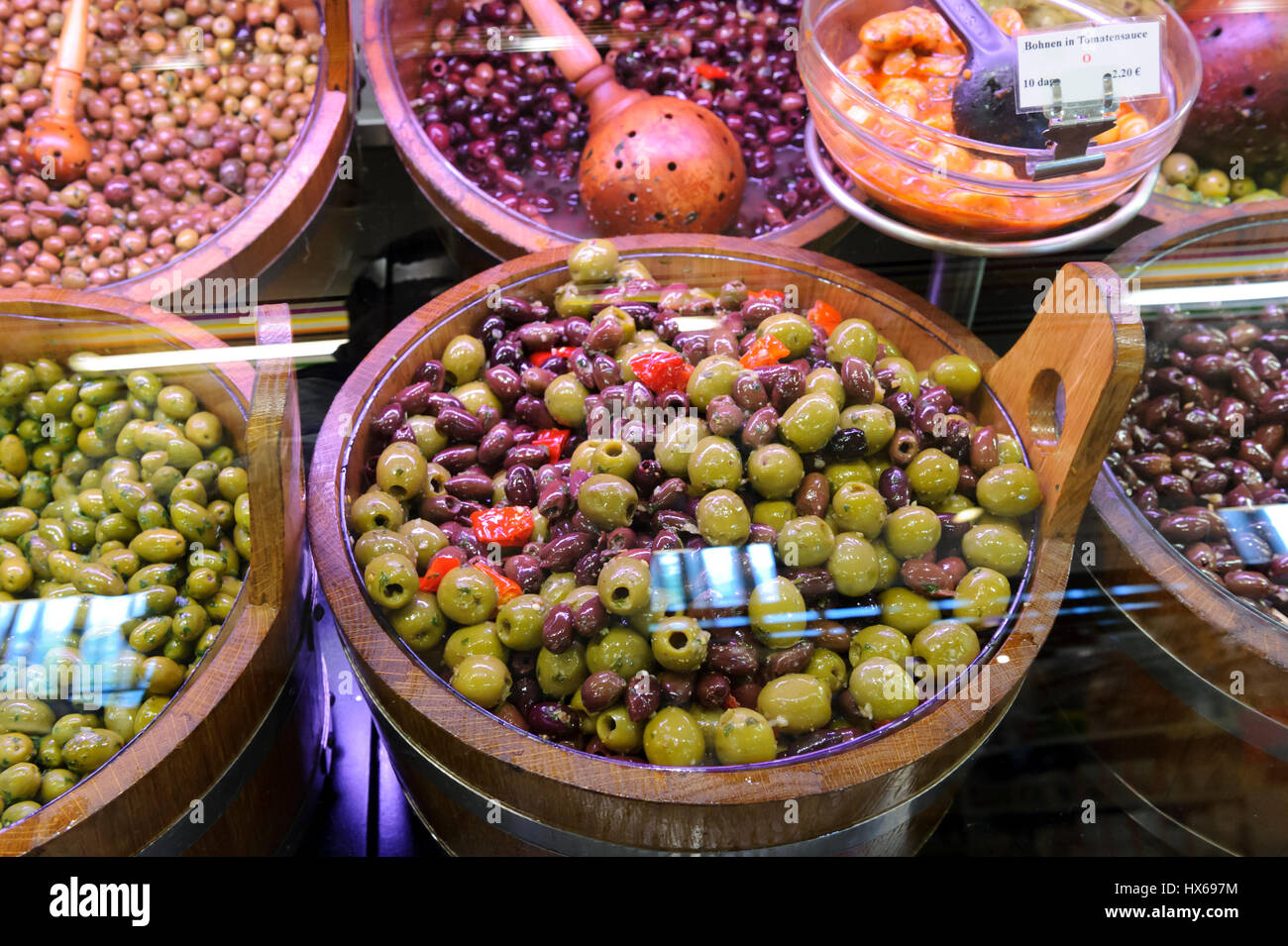 A selection of fresh olives on sale in the indoor market, Innsbruck ...