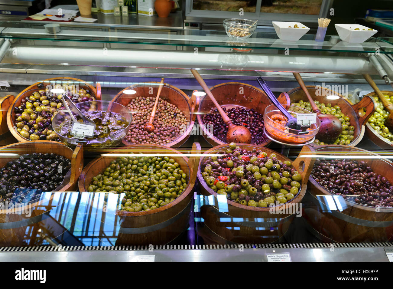 A selection of fresh olives on sale in the indoor market, Innsbruck ...