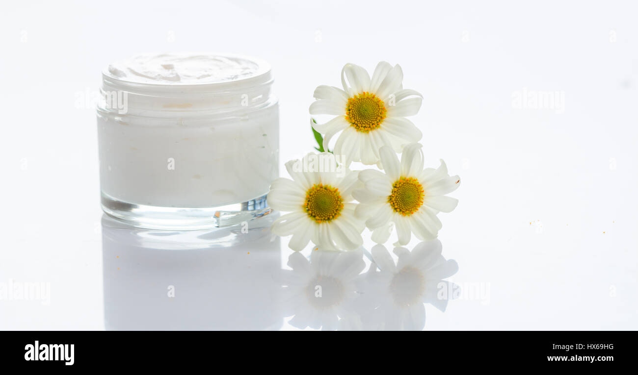 Moisturizing cream and camomile isolated on white background Stock ...