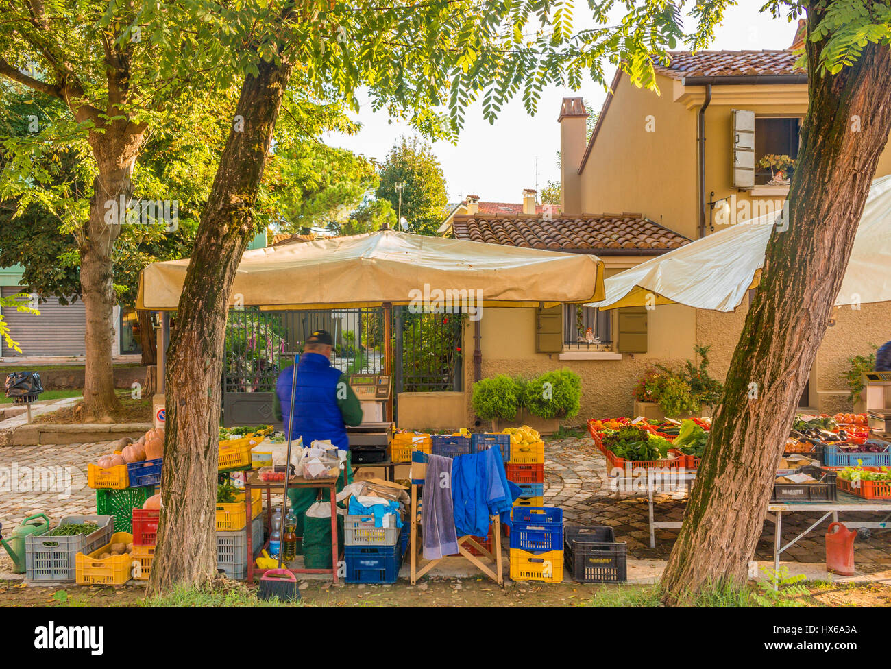 stalls of small fruit and vegetable market in Romagna in Italy Stock ...