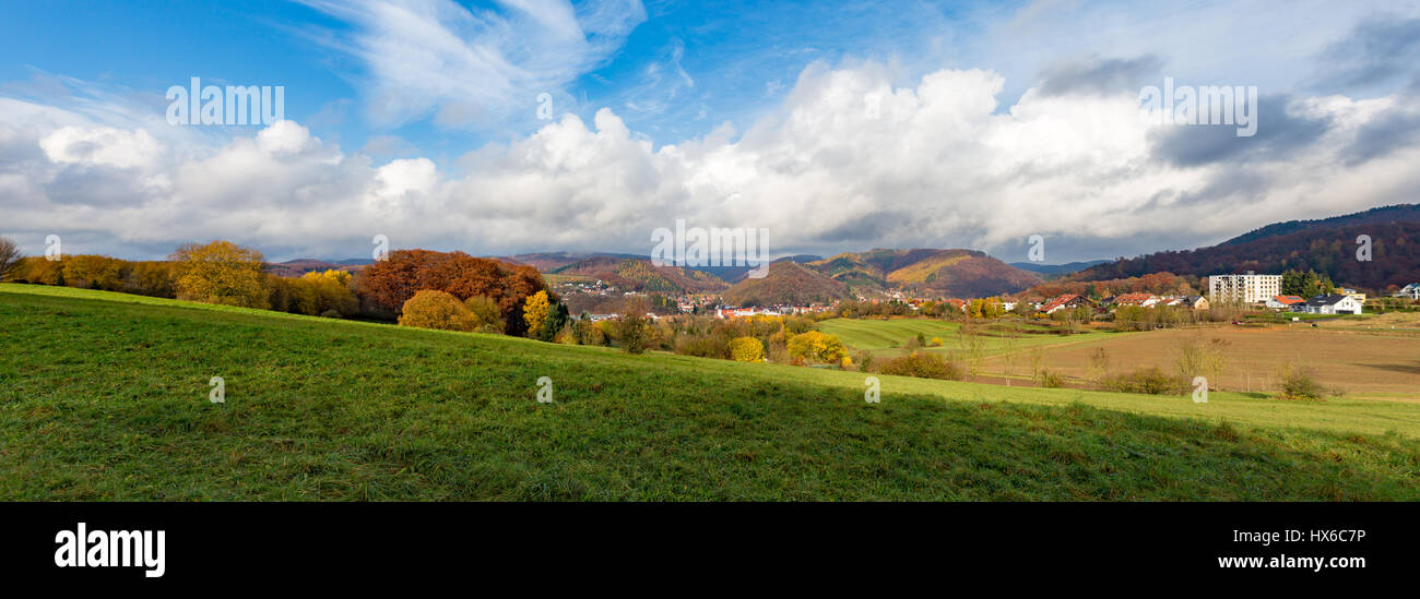 sunny low mountain panorama in autumn Stock Photo - Alamy