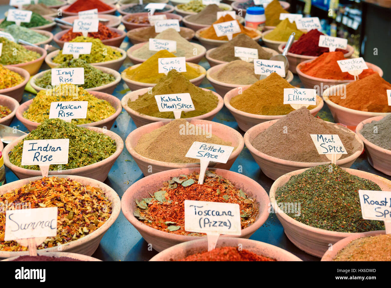 Closeup with a wide variety of spices at the market of Jerusalem in ...